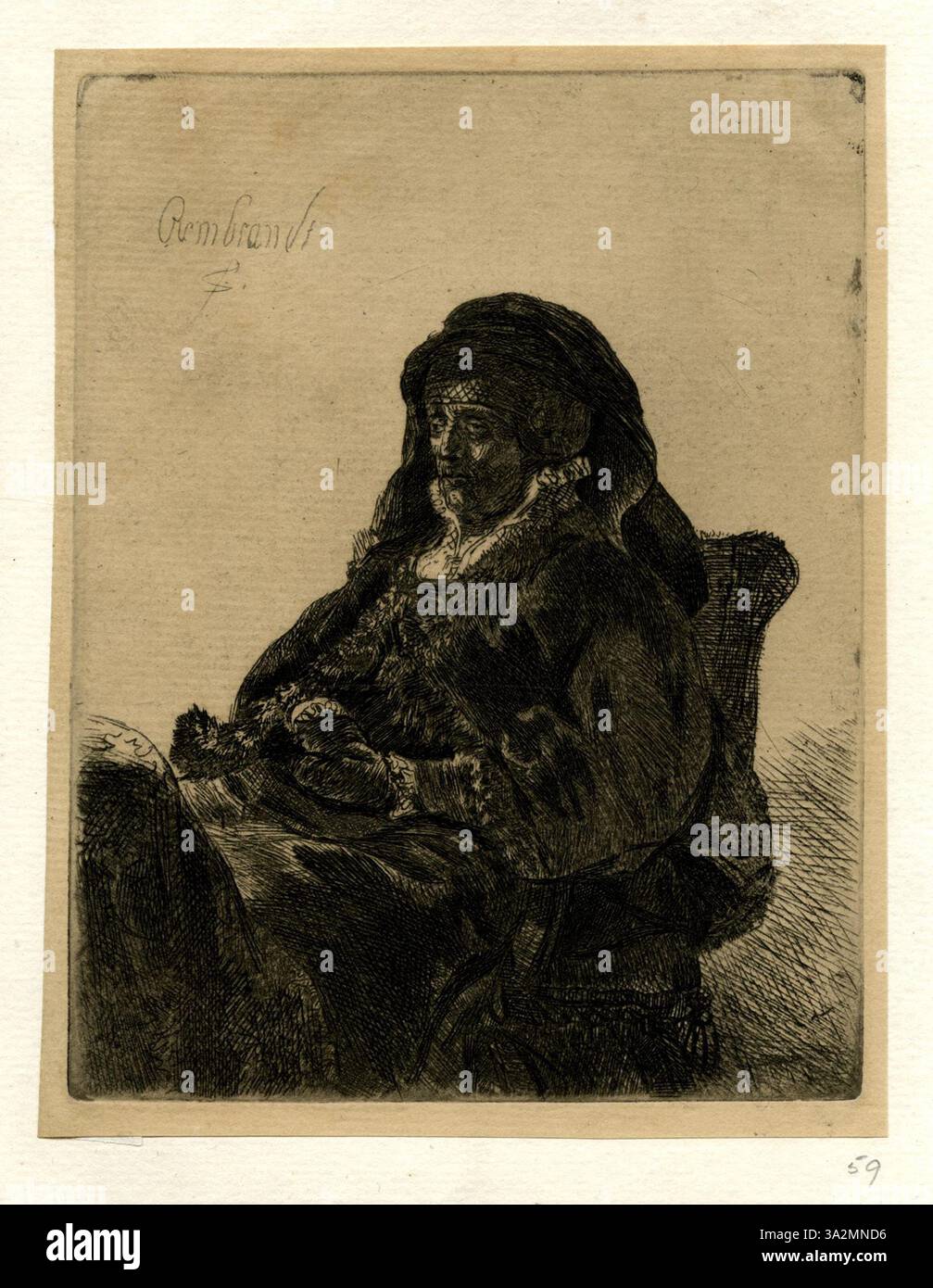 In this etching, Rembrandt portrays François Basan with a strong focus ...