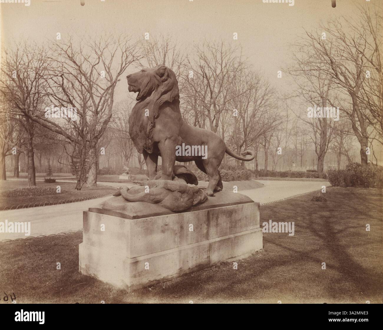 A 1902-1903 photograph by Eugène Atget of the Lion de Cain statue in ...