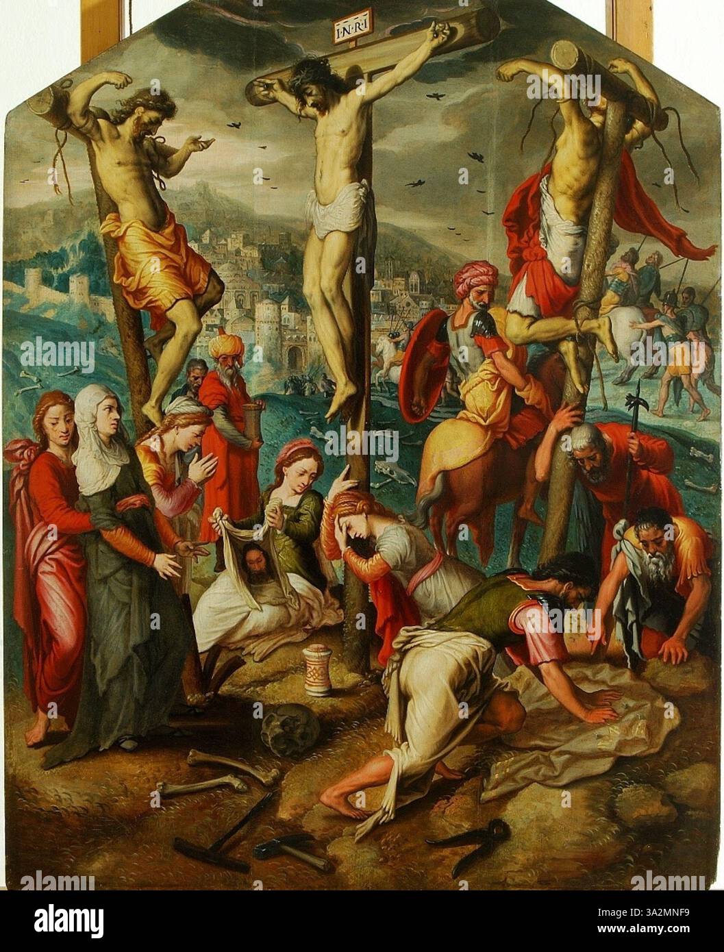 This 16th-century oil painting by Pieter Aertsen, titled 'Christ on the Cross', depicts the ...