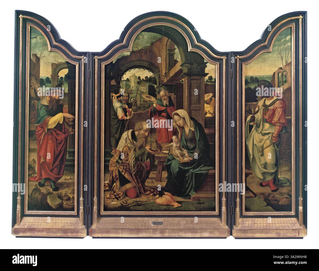 This 16th-century triptych by the Master of 1518 depicts the biblical scene of the Adoration of ...