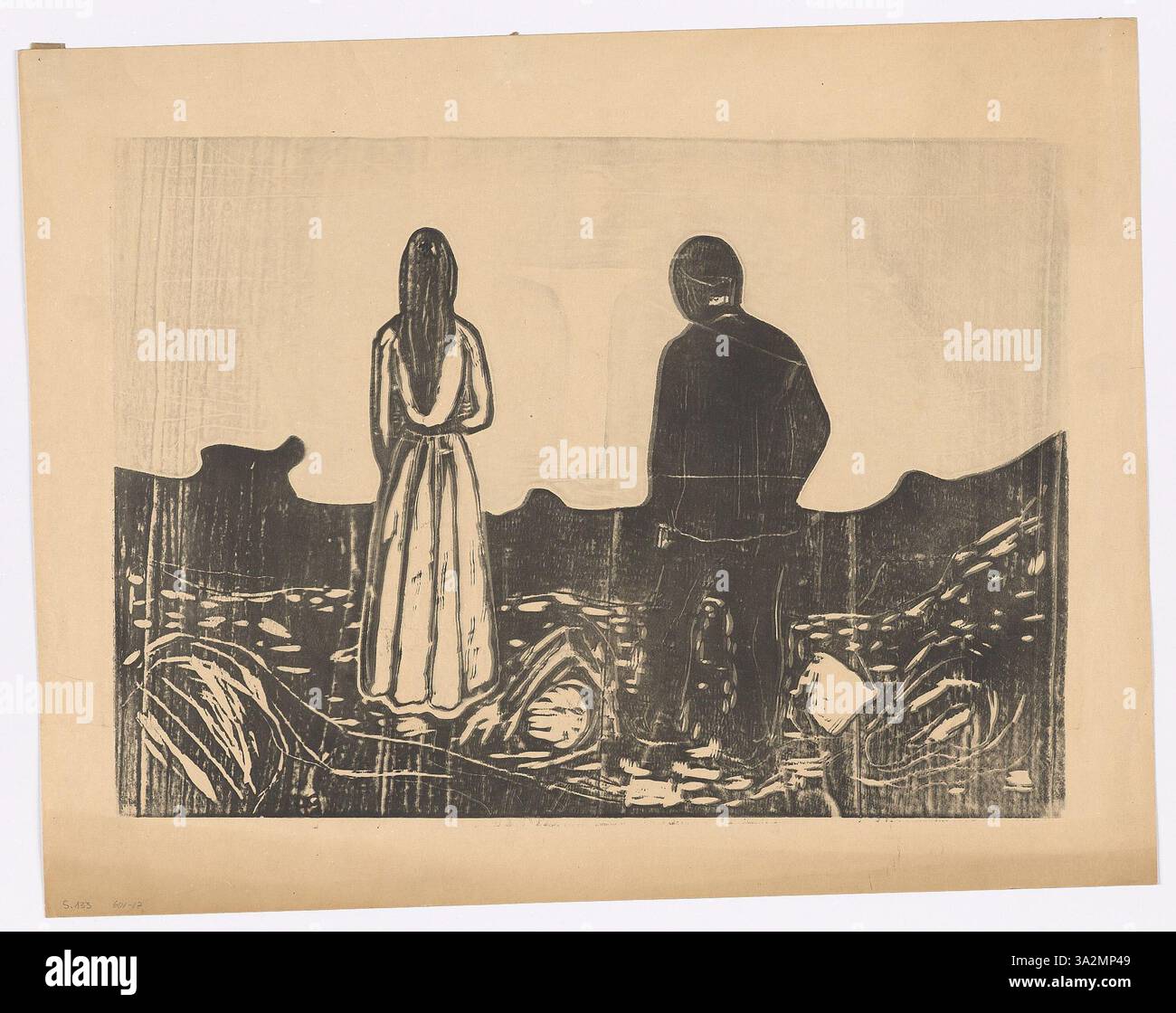 This painting portrays two figures, separated and standing apart in a ...