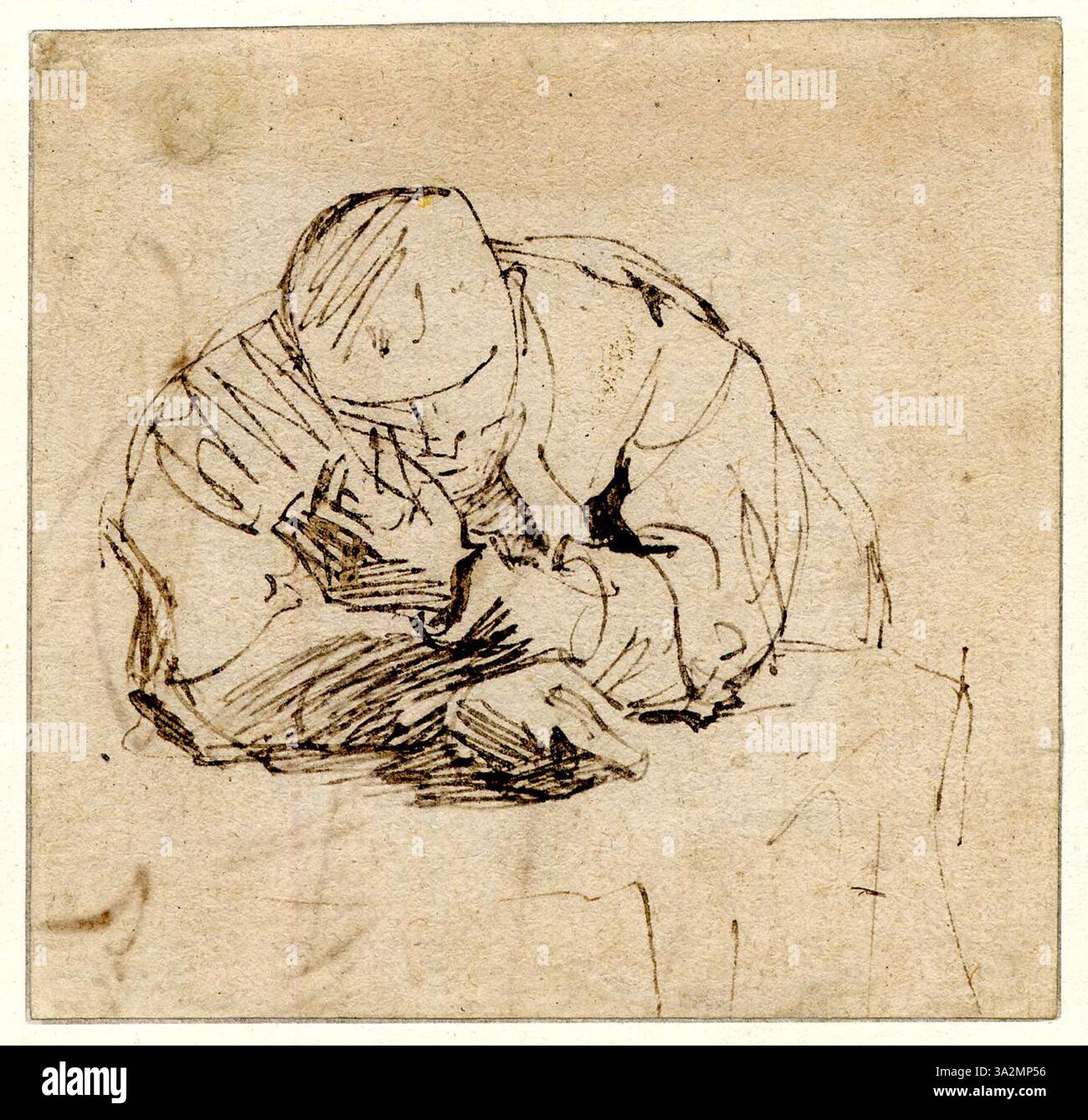 This sketch portrays a man leaning over a table, emphasizing the ...