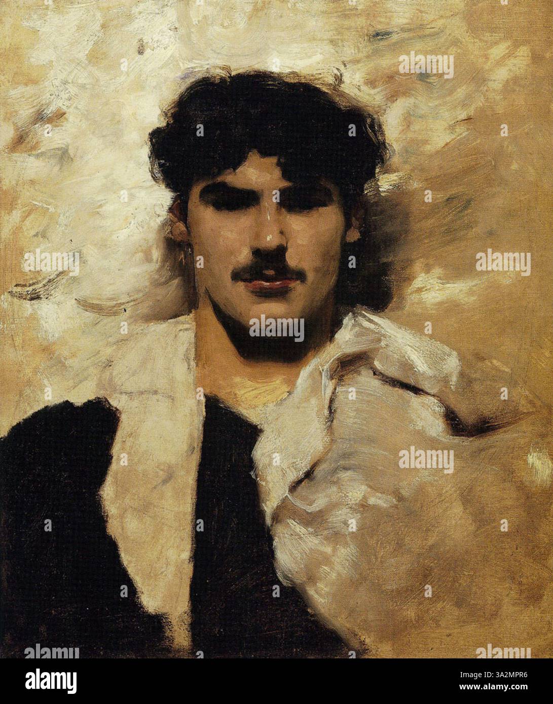 This portrait depicts the head of a male model, focusing on the details ...