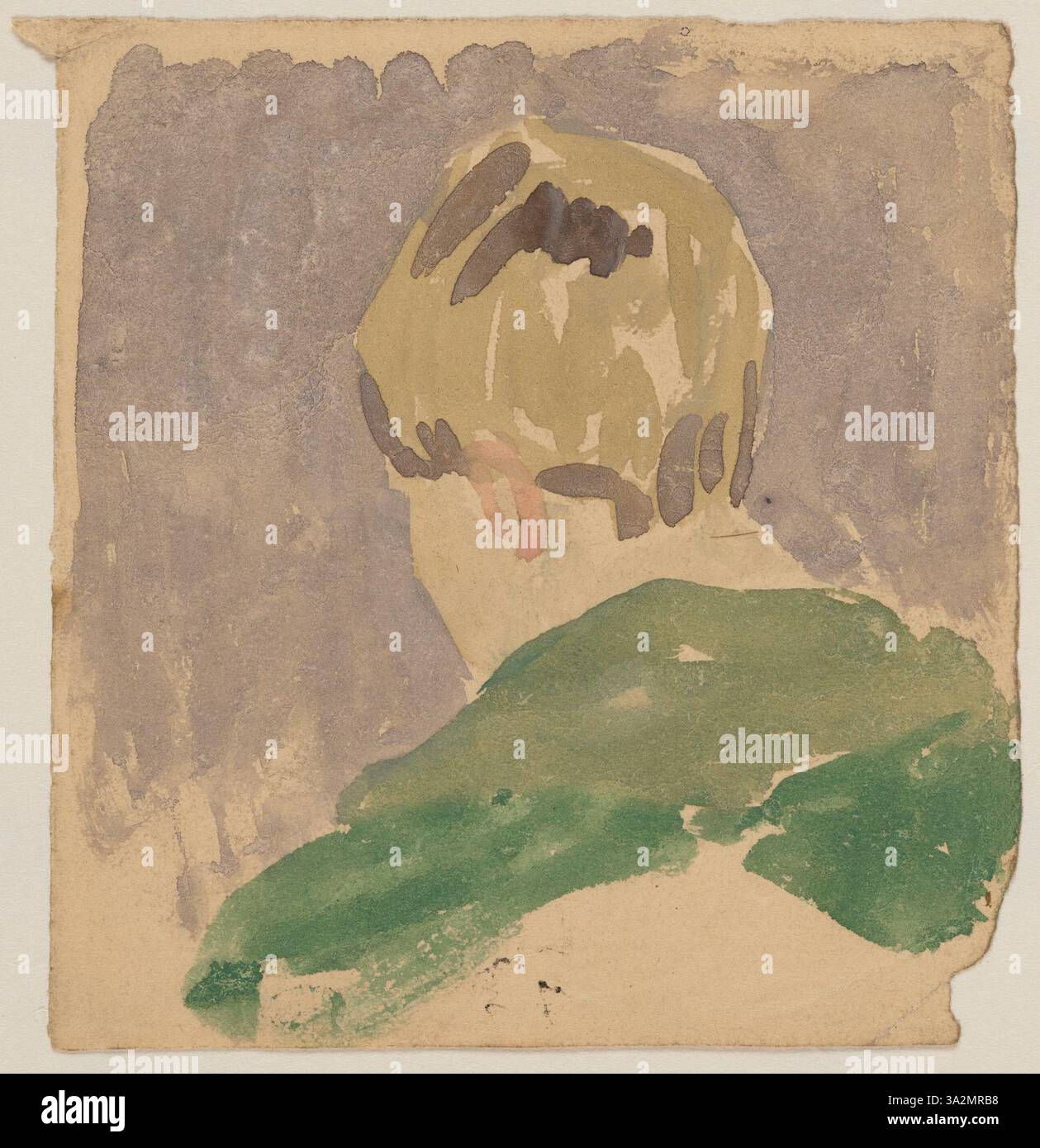 This artwork features a focused portrait of a man's head, rendered with ...