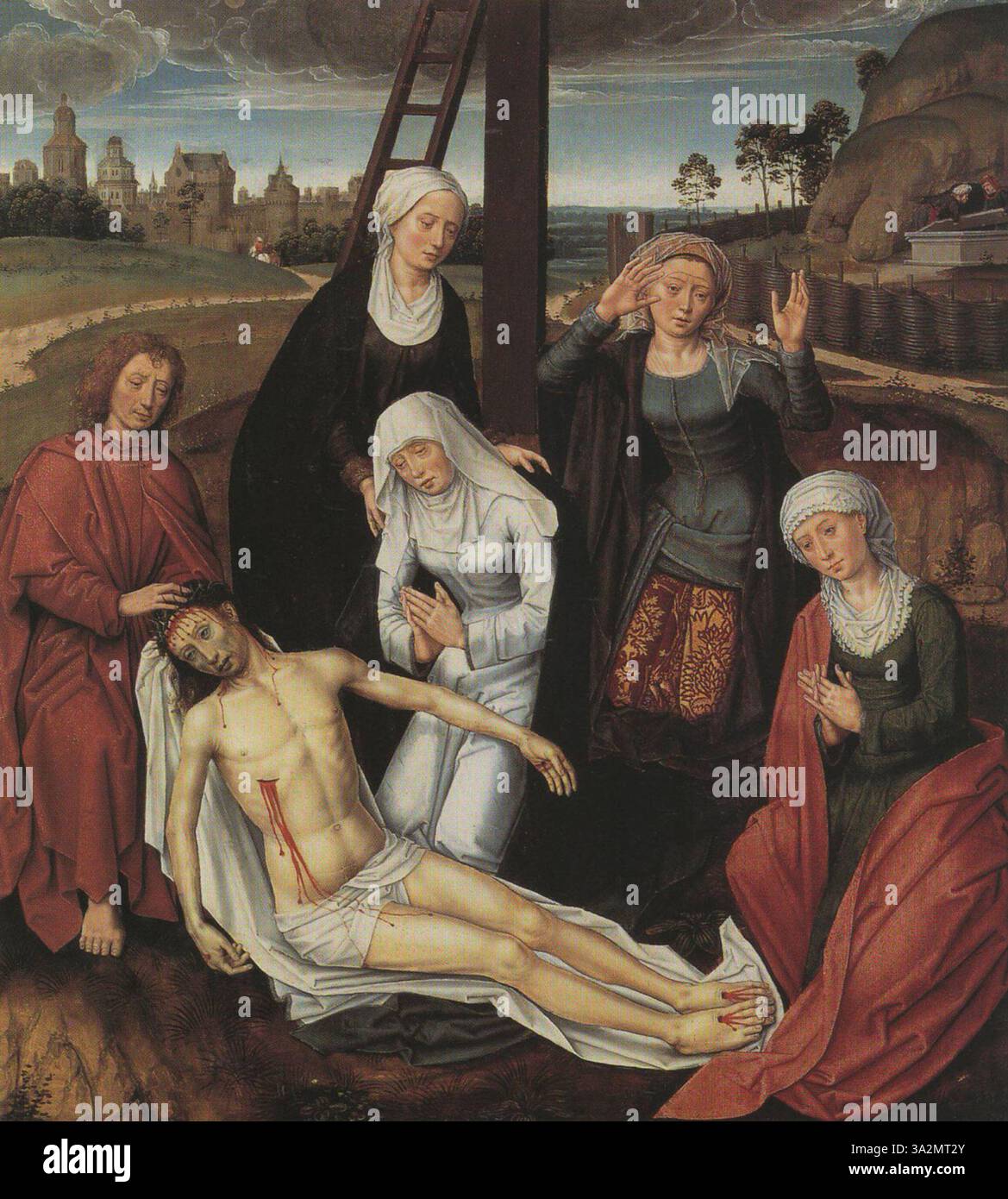 This work by Hans Memling depicts the Lamentation, showing the Virgin Mary and other figures ...