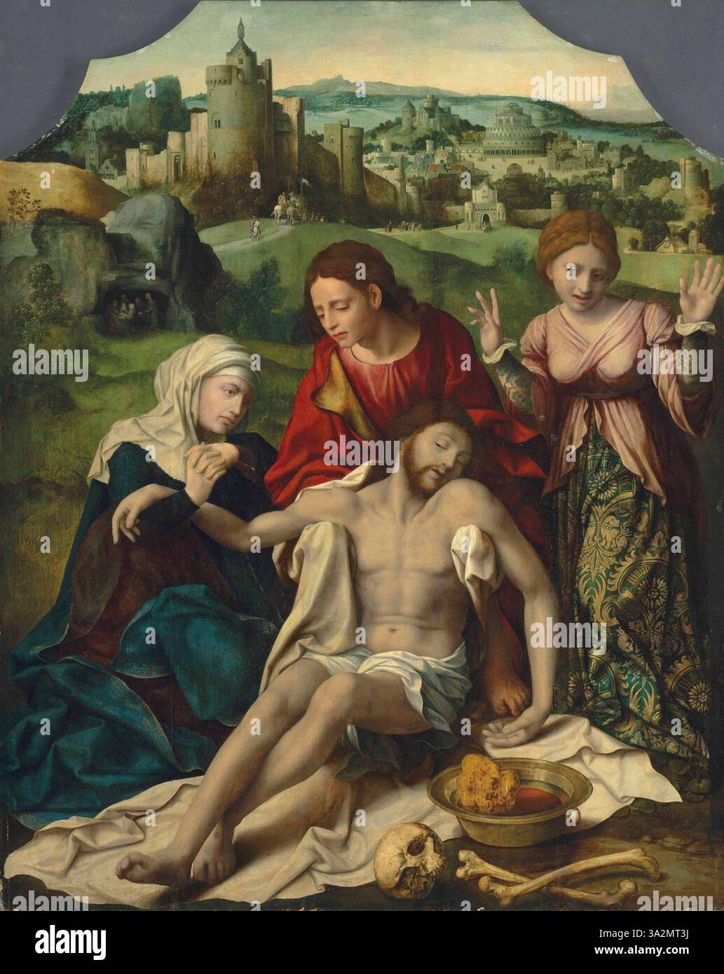 This depiction of the Lamentation shows the mourning figures surrounding Christ's body after the ...