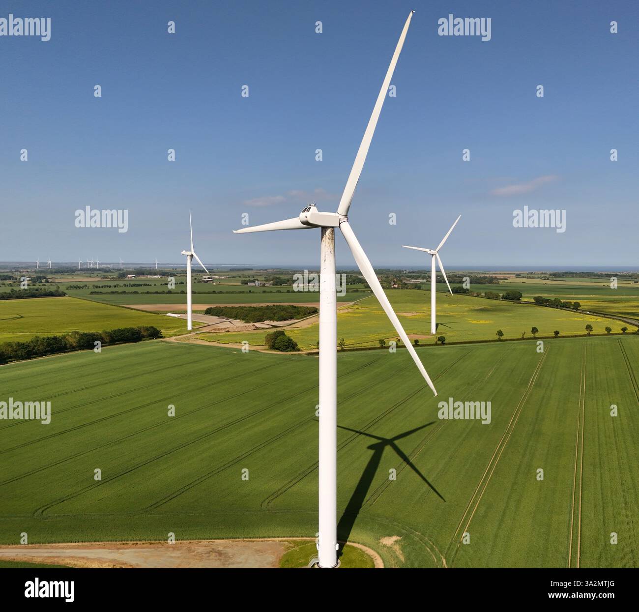 aerial view of Lissett Airfield wind farm. industrial wind turbines ...