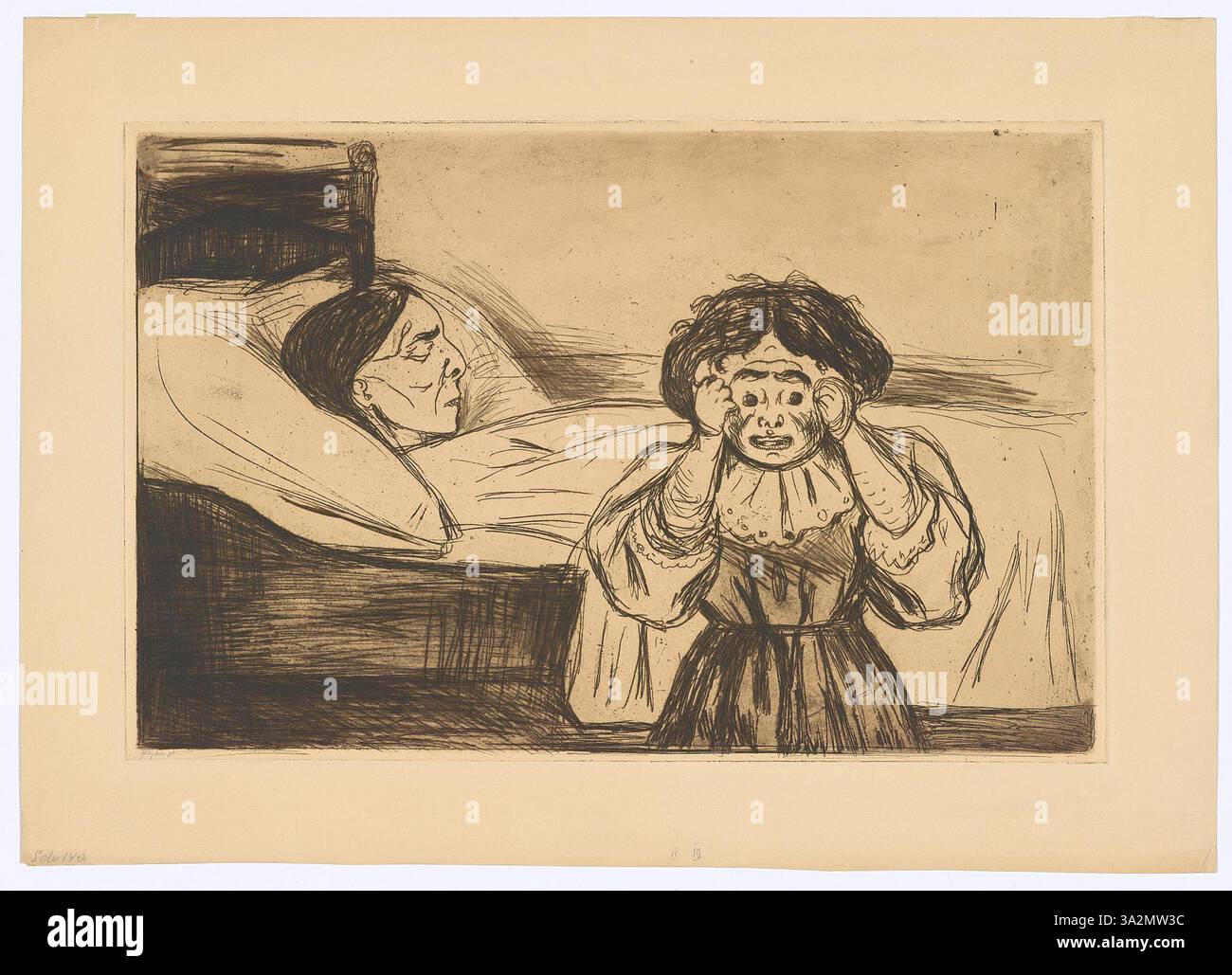 In this scene, the dead mother and mourning child are depicted with ...