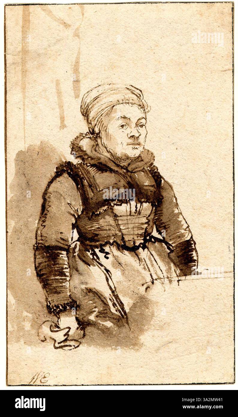 In this etching, Rembrandt depicts a woman dressed in traditional Dutch ...