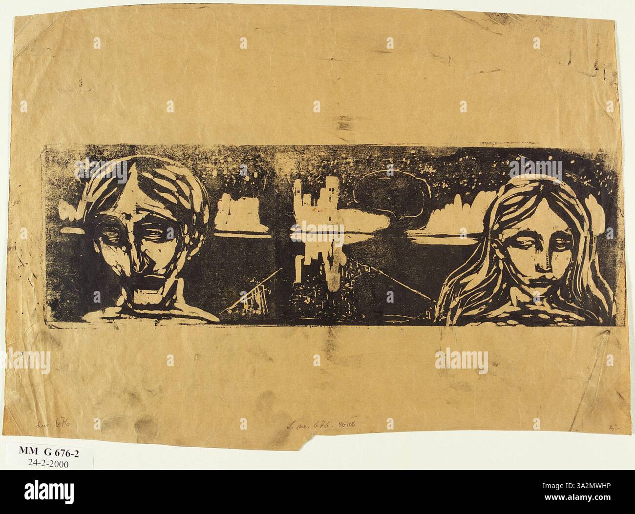 In this piece, Munch presents a man and a woman standing against a town ...