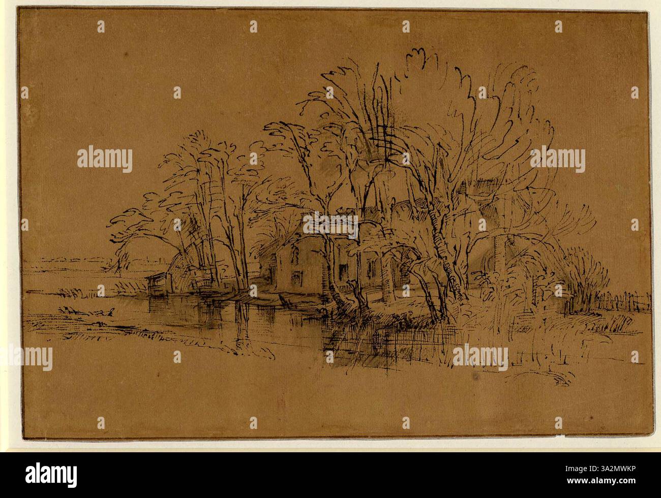 Rembrandt’s etching depicts a farm nestled among trees along the bank ...