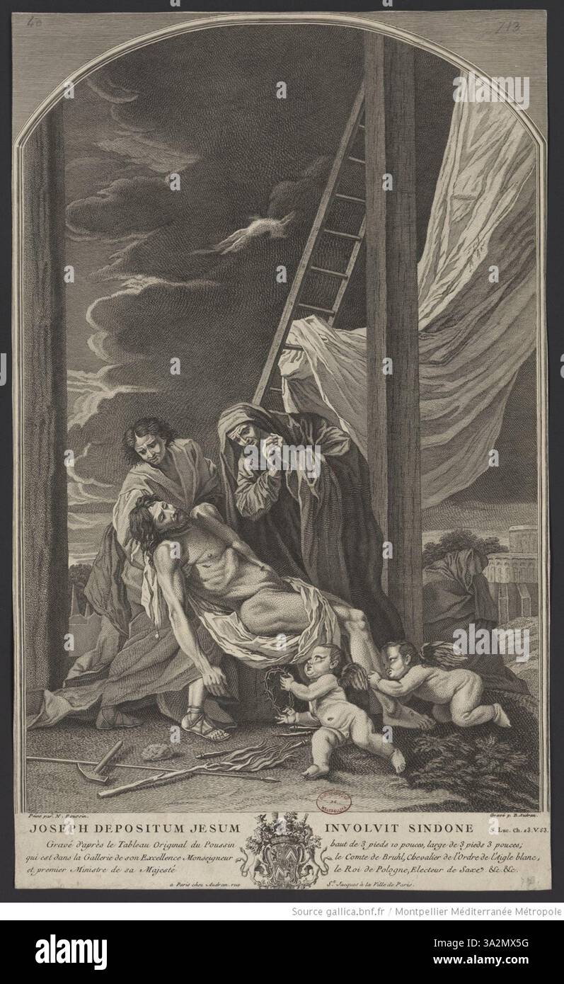 Benoît Audran’s engraving of the Deposition from the Cross, inspired by Nicolas Poussin, depicts ...