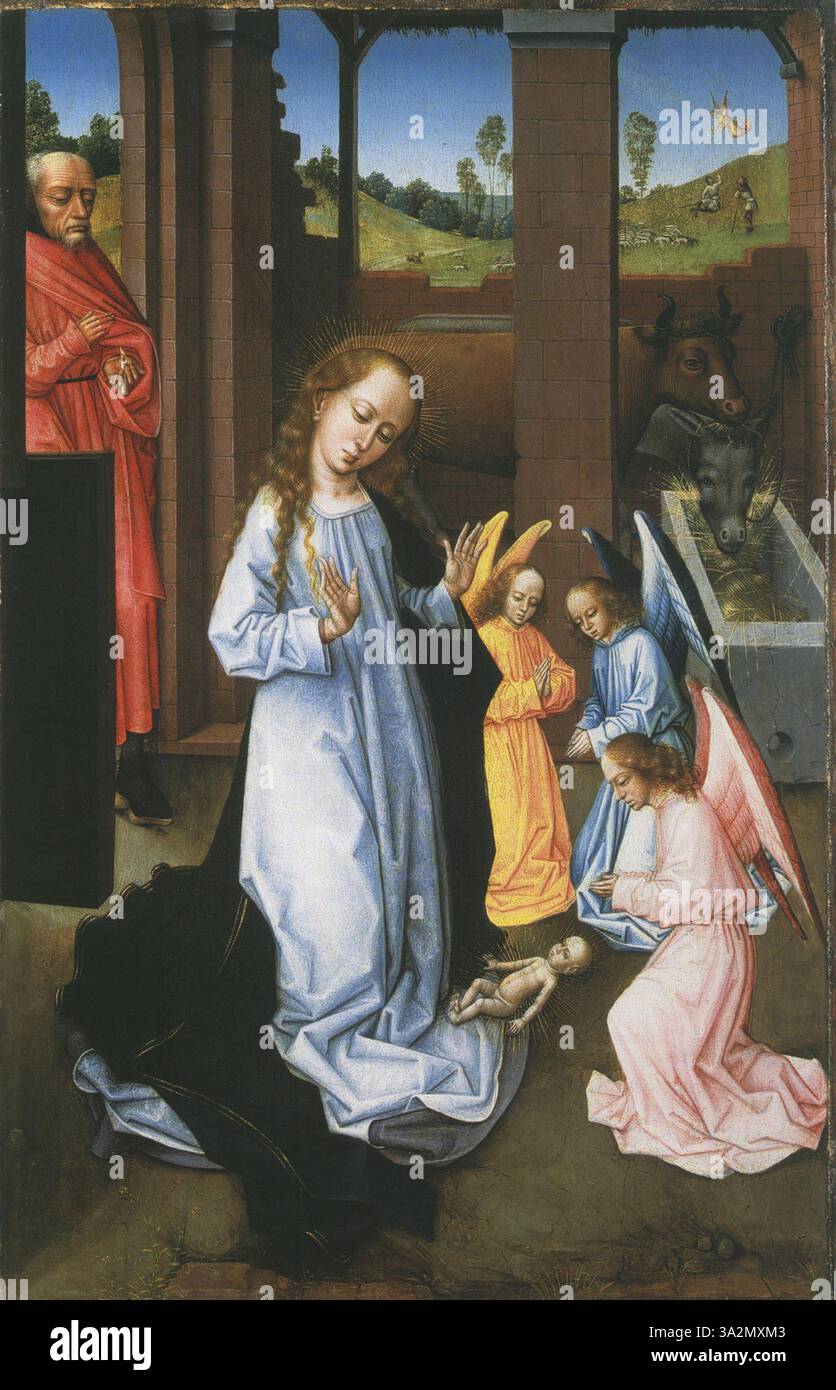 The left shutter of this altarpiece depicts the Nativity of Christ, capturing the serene moment ...
