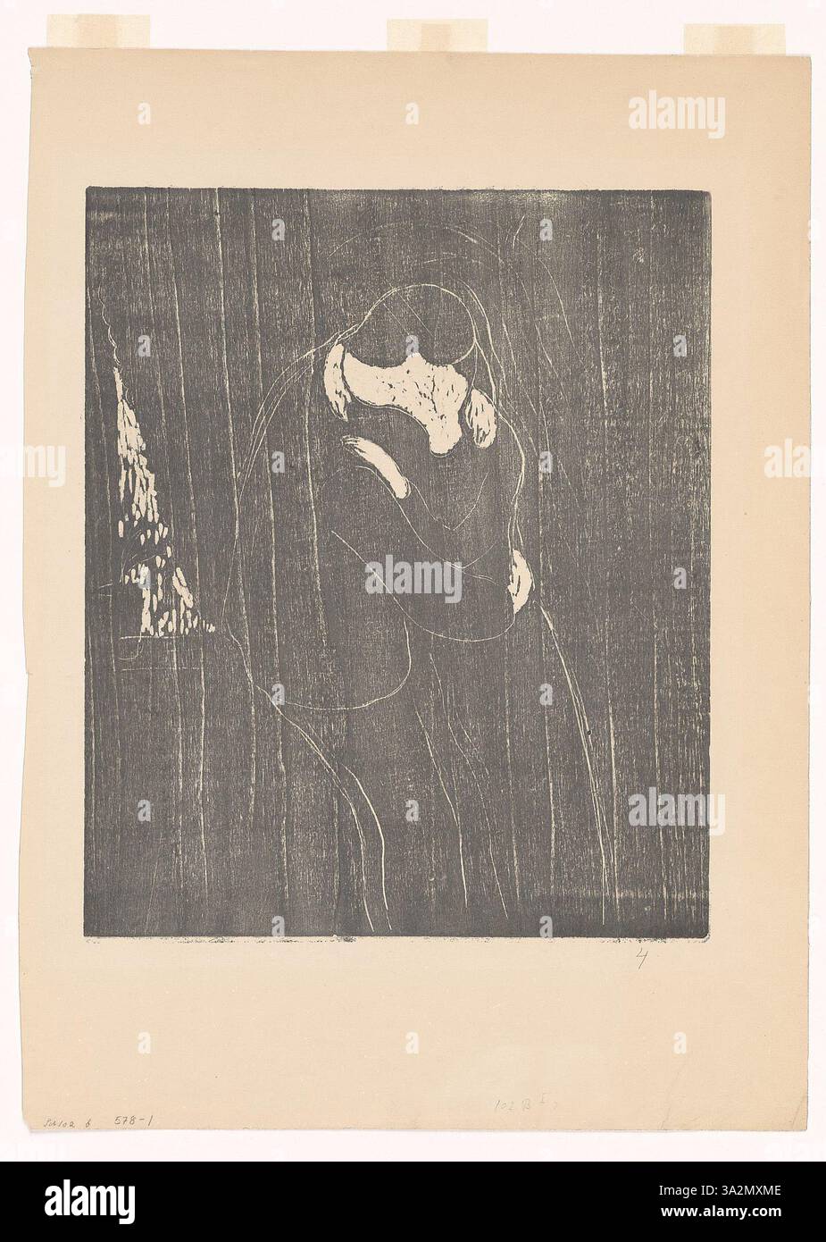 This version of 'The Kiss I' by Edvard Munch depicts two figures in a ...