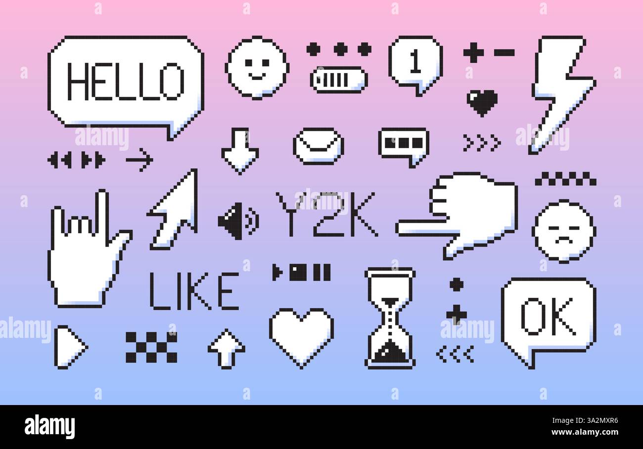 Pixel game art Y2K elements. 8 bit retro style user interface icons. Speech bubble smile message ...