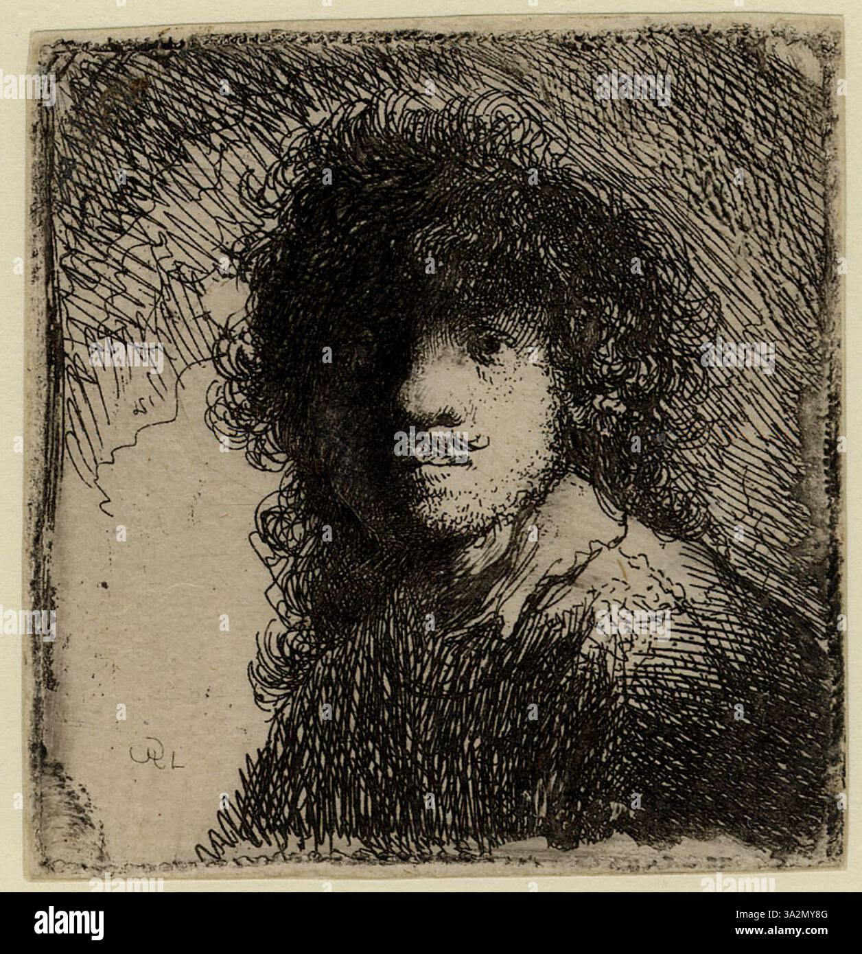 An etching attributed to Rembrandt, featuring a figure with strong ...