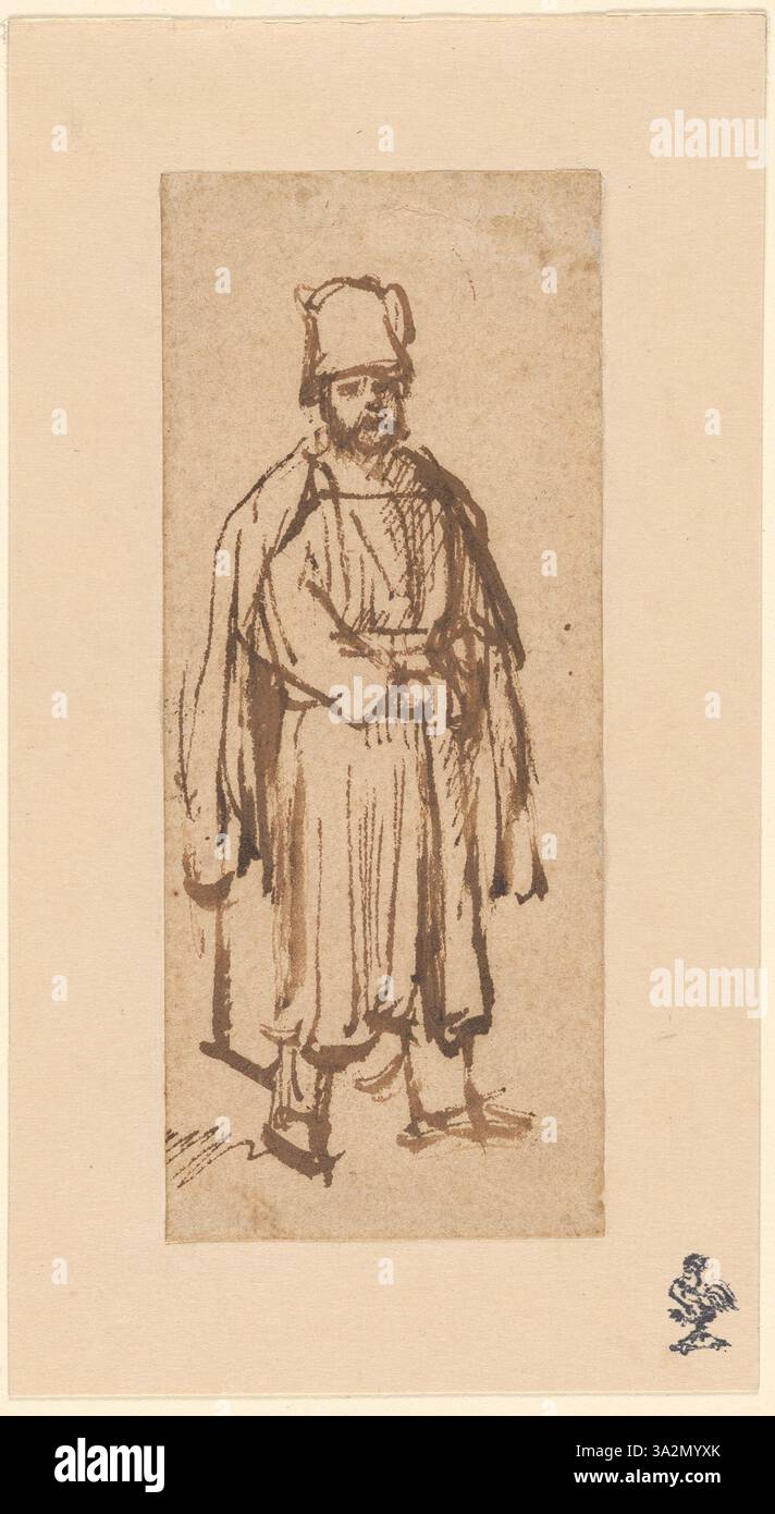 This painting shows a man standing, wearing a tall hat. The figure is ...