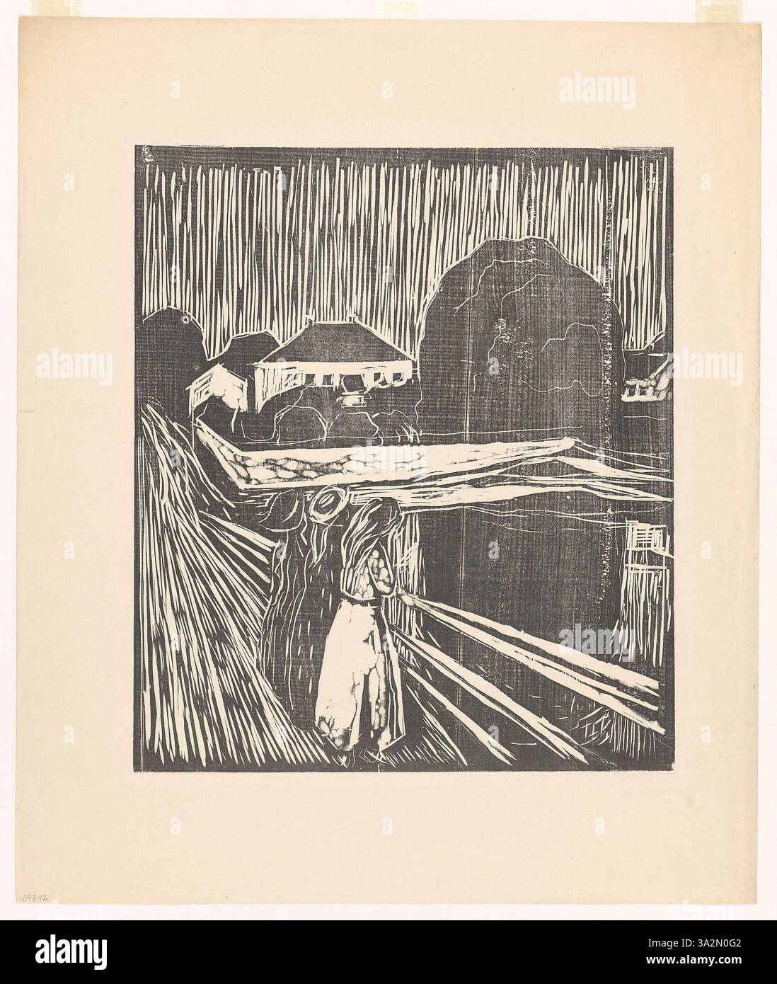 In this work, two girls are shown standing on a bridge, surrounded by ...