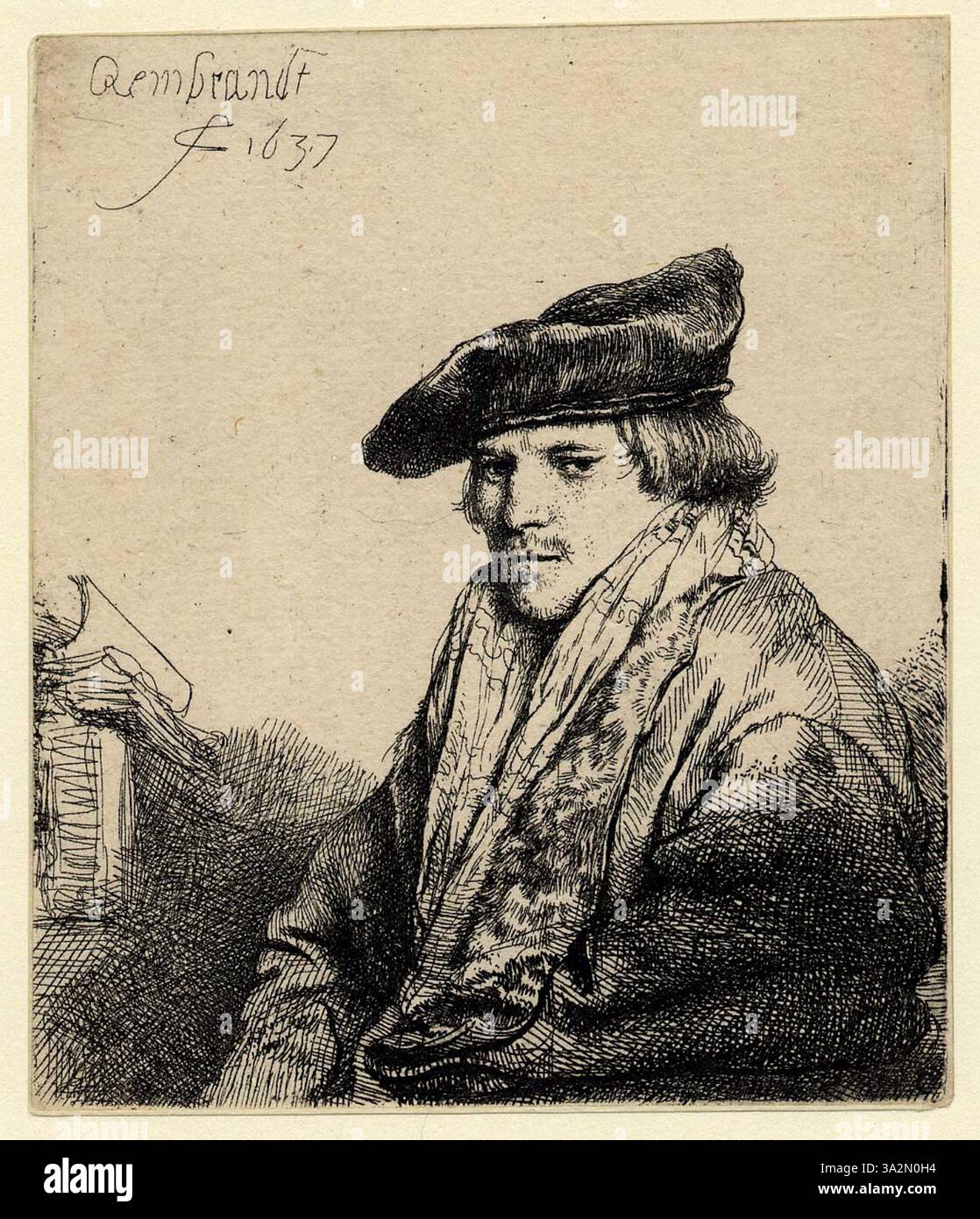 Rembrandt uses light and shadow in this etching to draw attention to ...