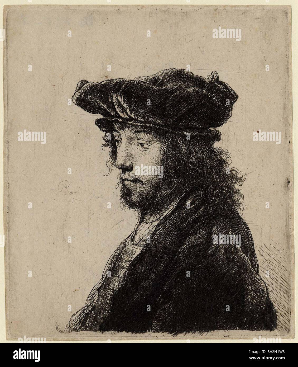 This etching features a figure rendered with fine detail, where the ...