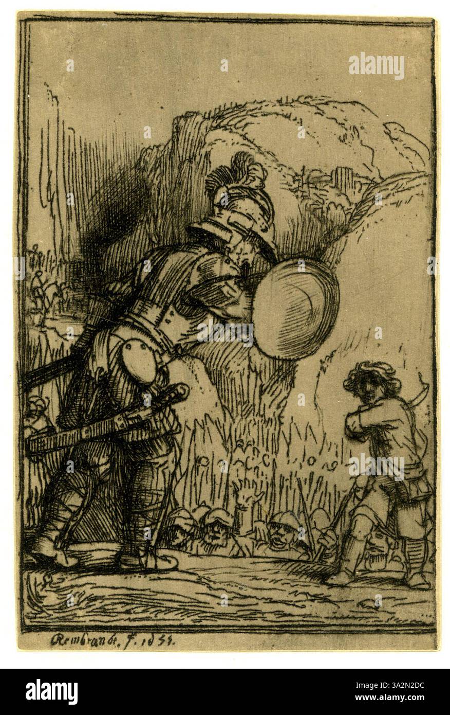 In this etching, Rembrandt uses contrasting light and shadow to enhance ...
