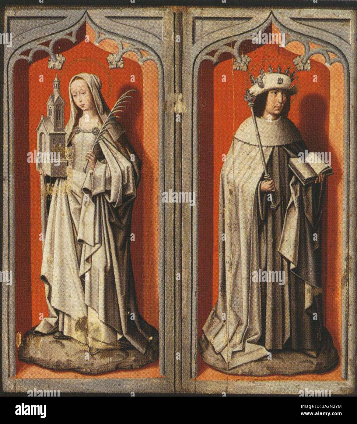 The reverse side of a triptych depicts Sts. Louis and Barbara ...