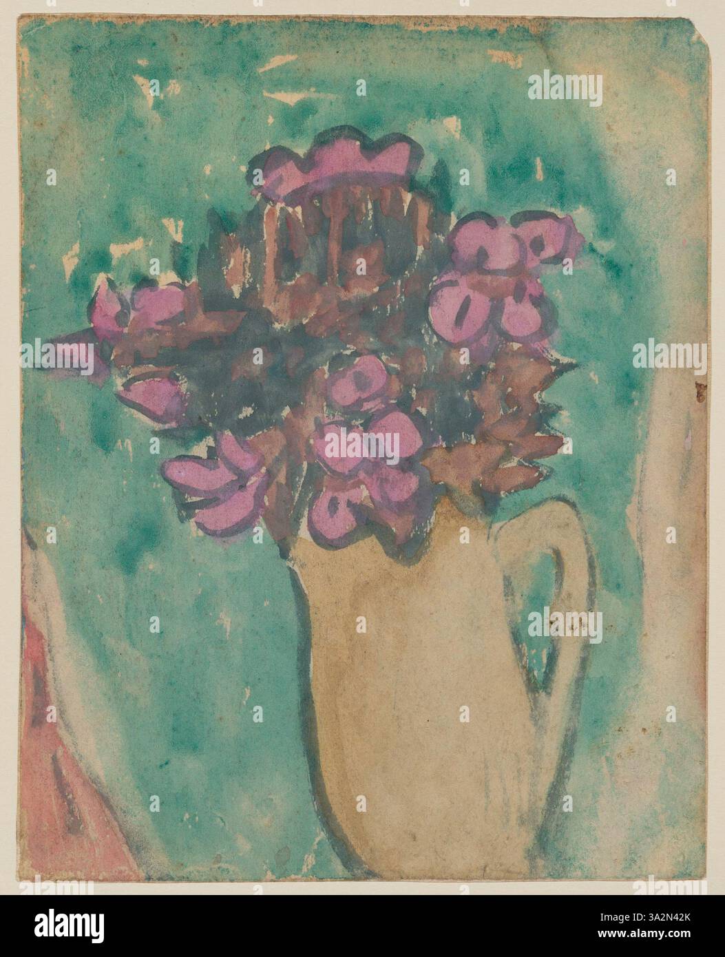 This still life painting features a simple arrangement of flowers in a ...
