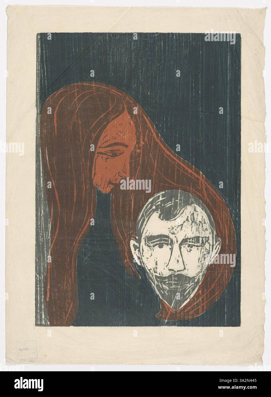 In this artwork, Munch depicts a man’s head enclosed by a woman’s hair ...