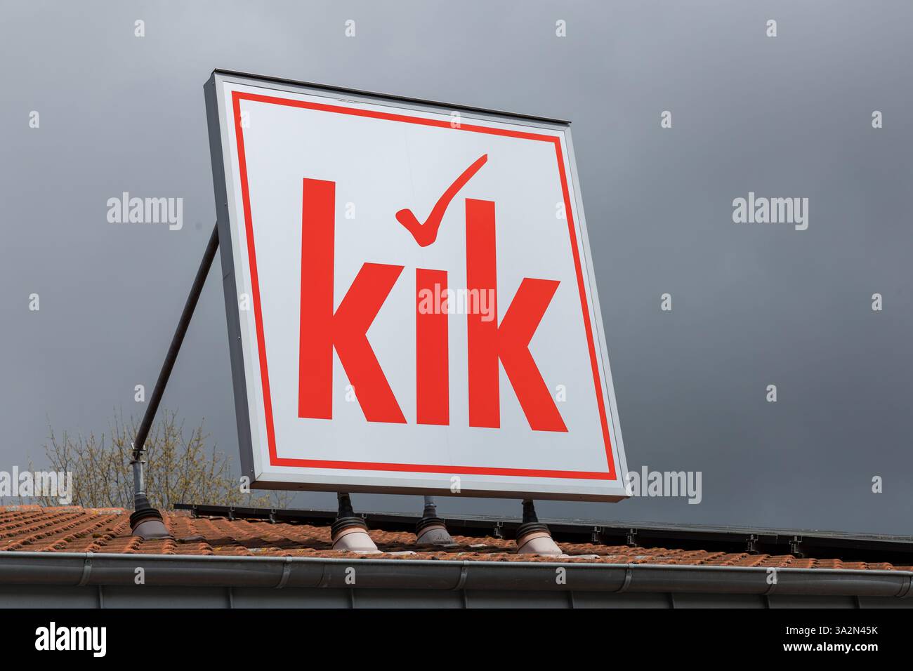 KIK shop, Logo sign of the textile discounter Kik at the entrance of a ...