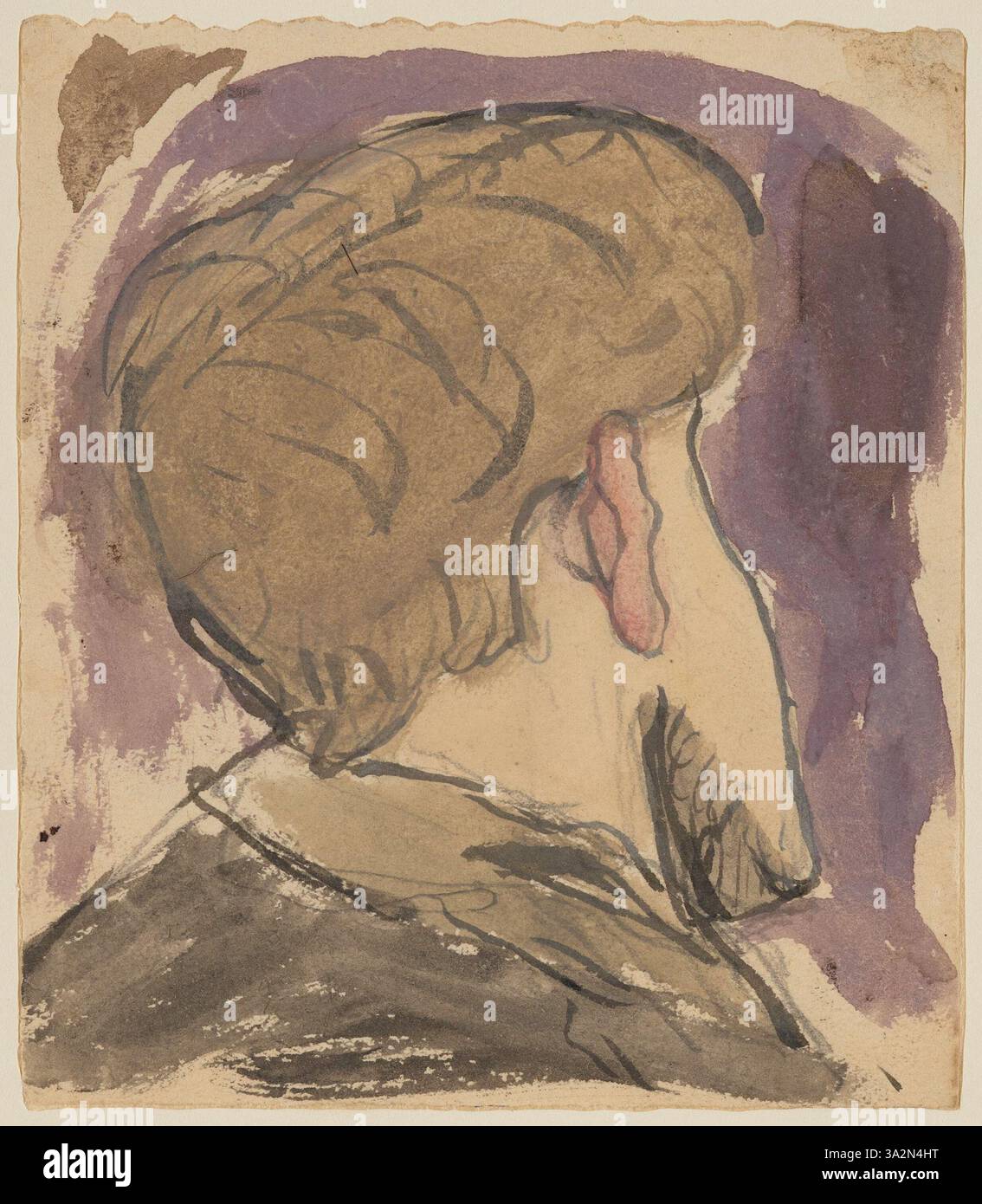 This artwork depicts a male figure in a contemplative pose, rendered ...
