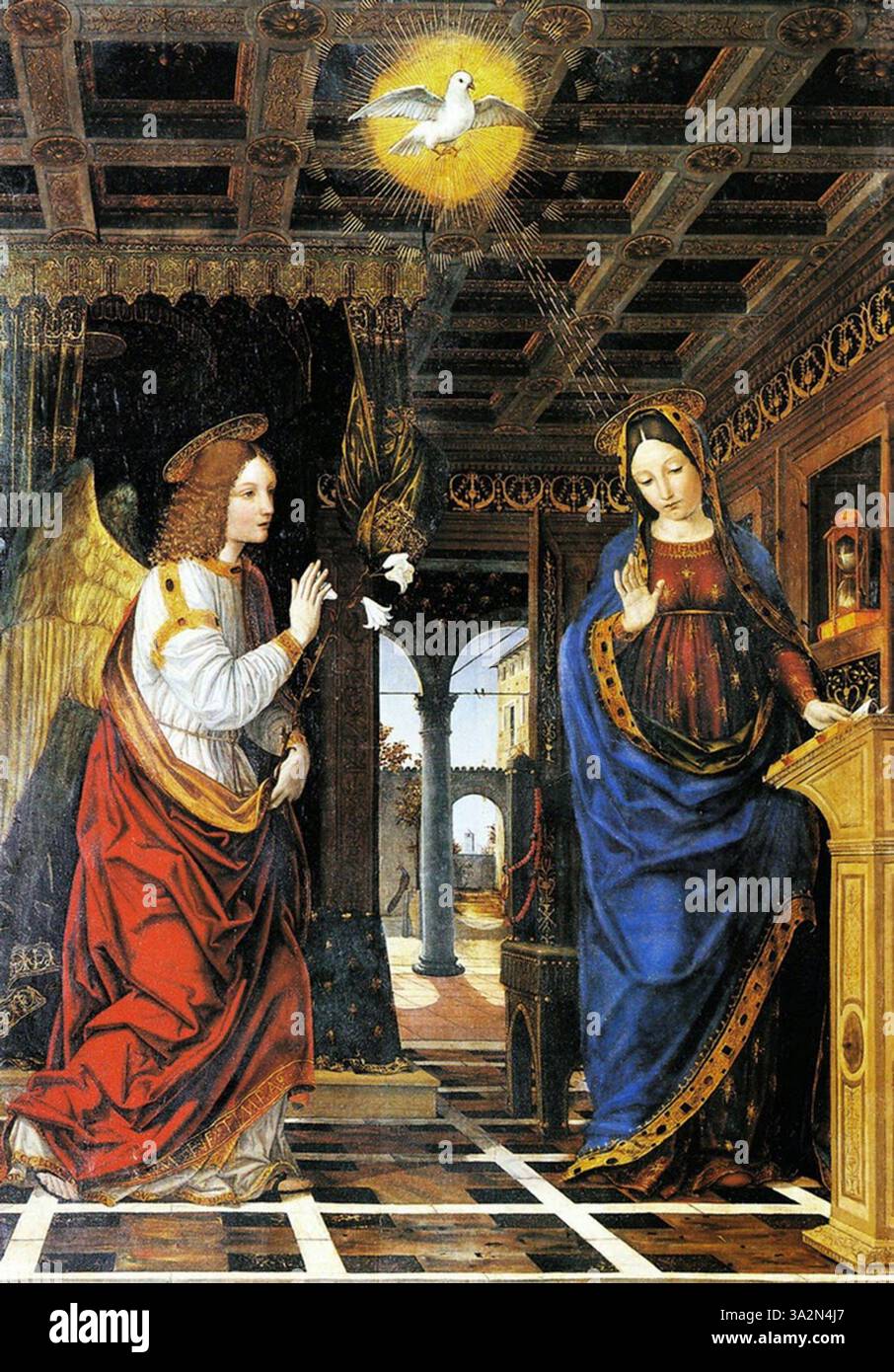 'Annunciazione' by Bergognone depicts the Annunciation, where the angel ...
