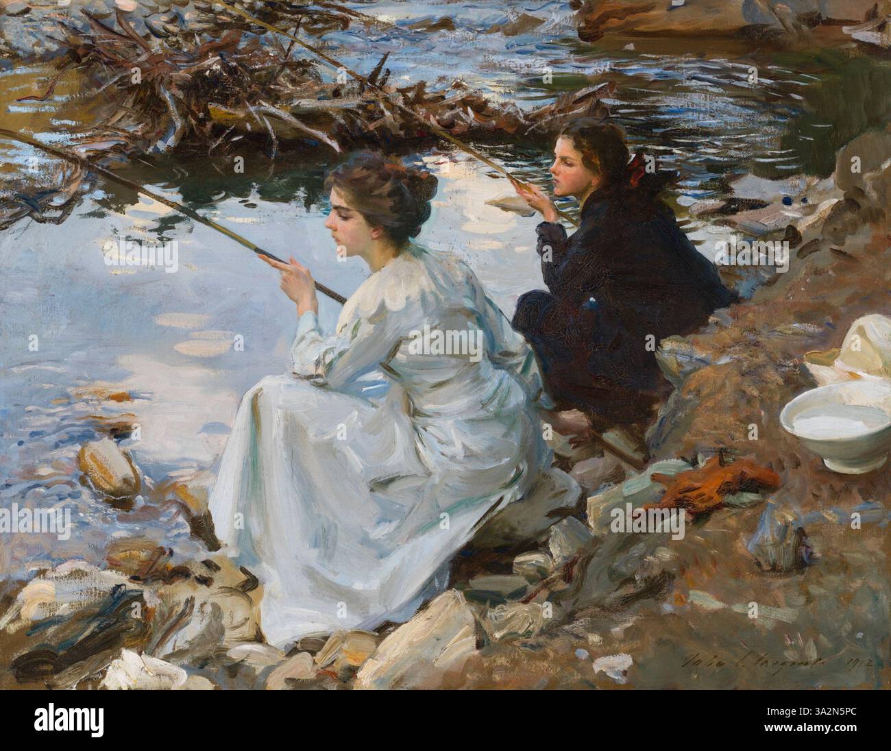 This painting by John Singer Sargent depicts two girls fishing by a ...
