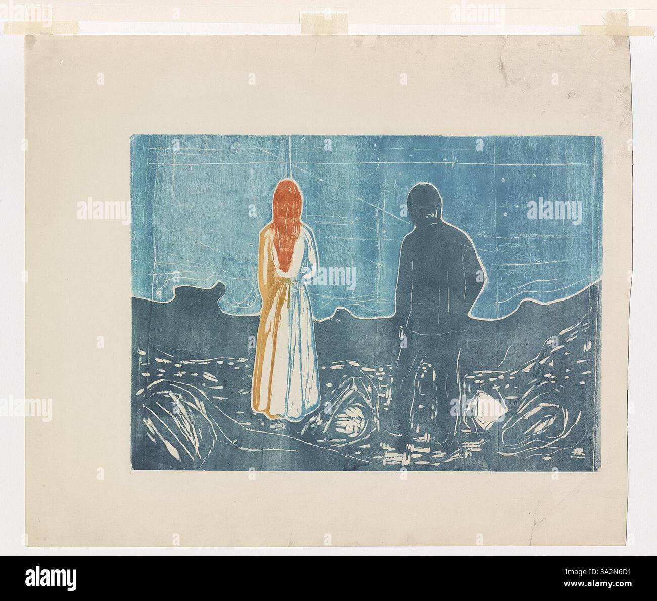 In this piece, two figures stand apart in a barren landscape, their ...