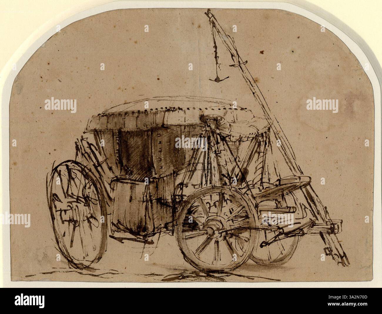 Rembrandt’s etching depicts a coach with its shaft resting against the ...