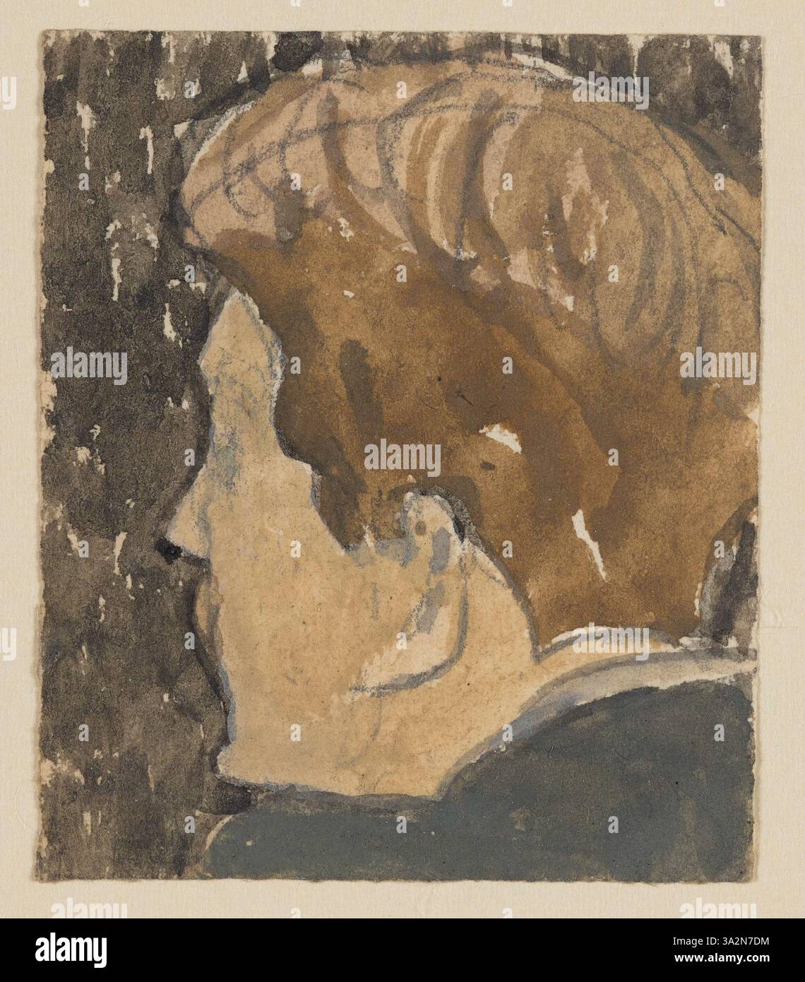 This portrait shows the head of a man, emphasizing his facial ...