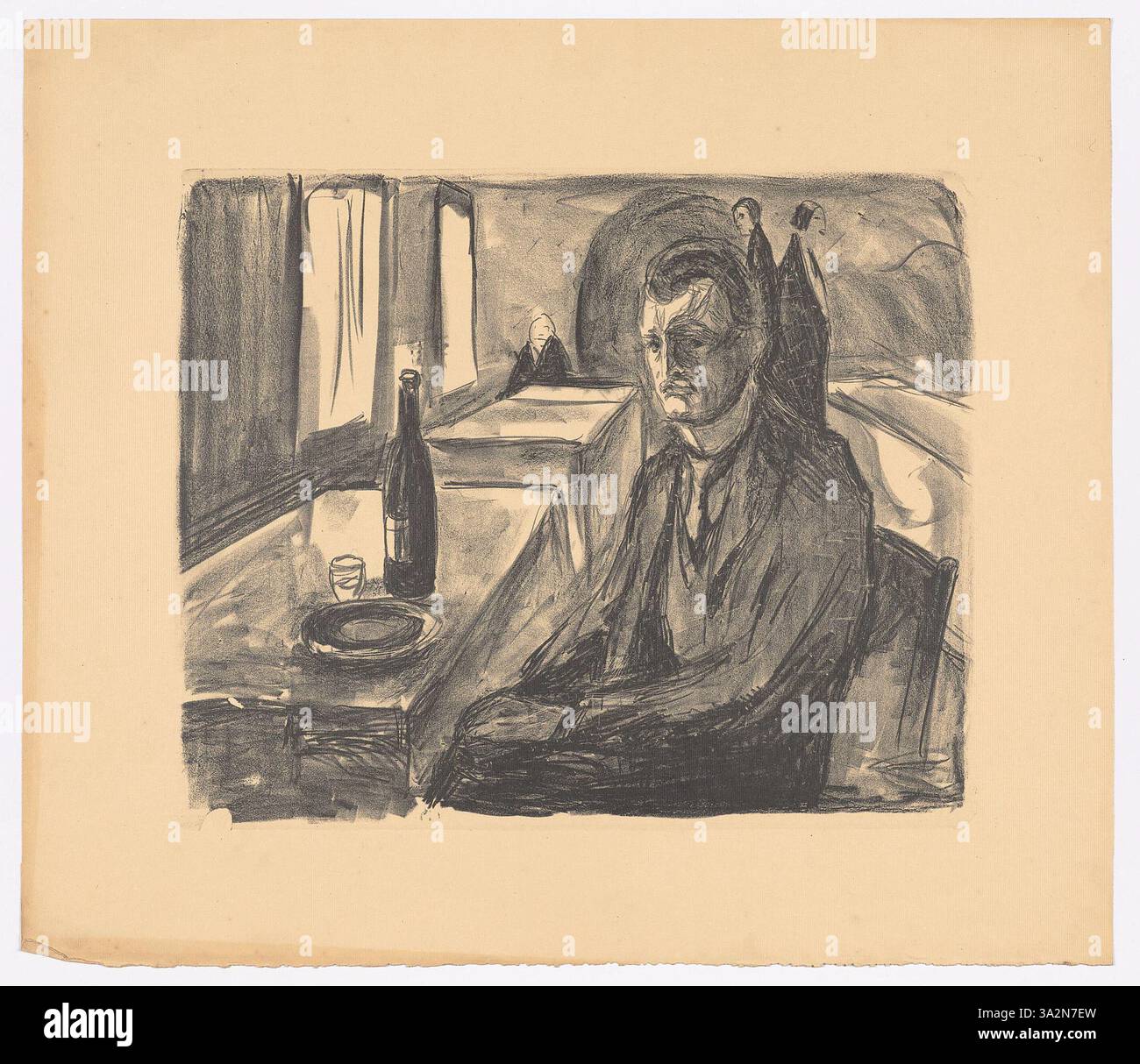 Edvard Munch’s *Self-Portrait with a Bottle of Wine* conveys a sense of ...
