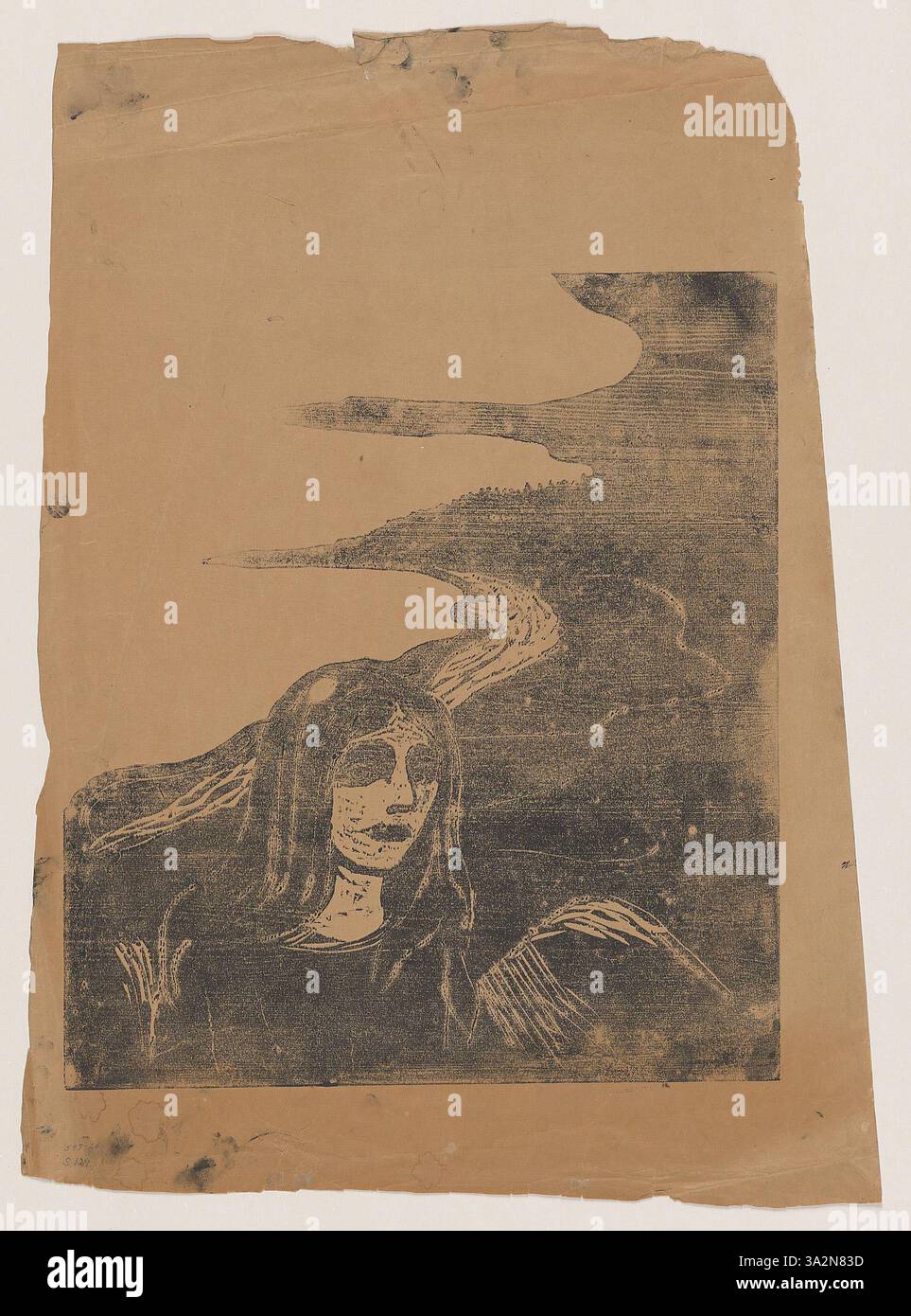 This painting features a woman’s head resting against the shore ...