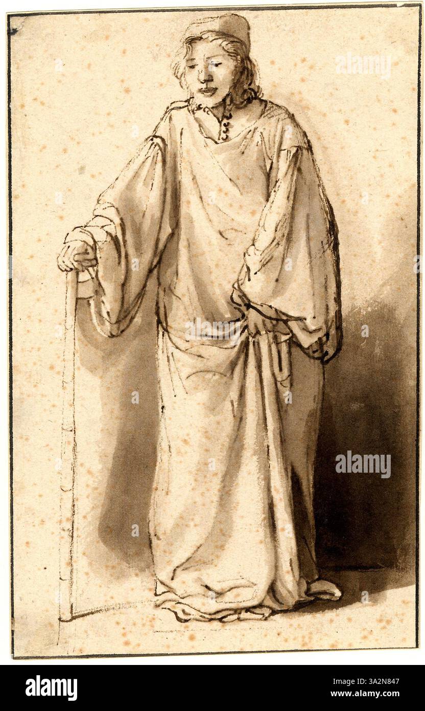 This portrait depicts a man walking with a stick, showcasing the figure ...