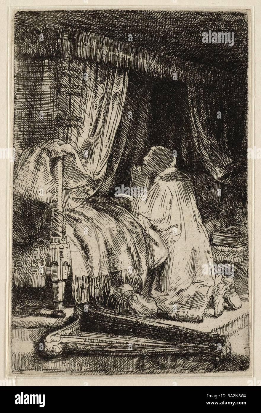 This etching by Rembrandt, titled 'David in gebed' (B 41), portrays the ...