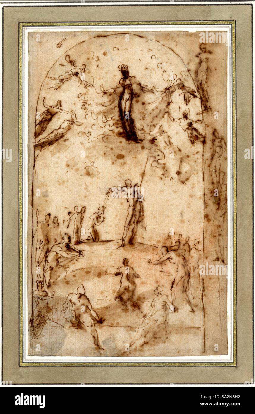 This artwork depicts St. Ansanus baptizing a figure, with a group of ...