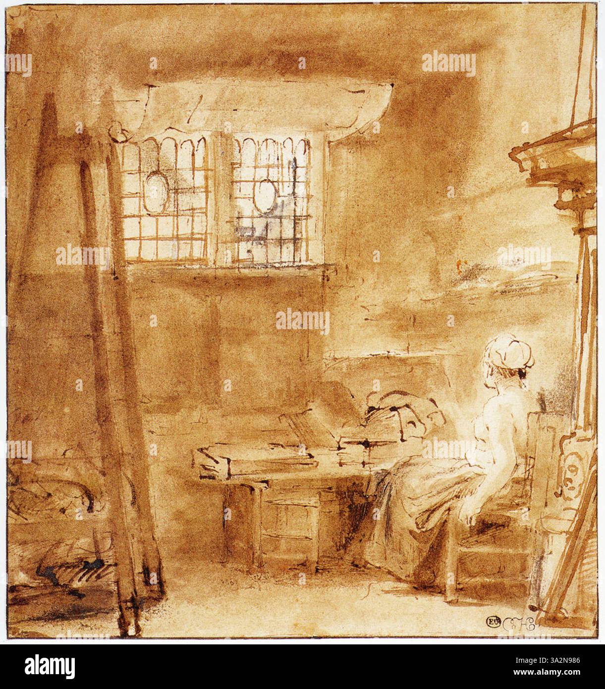 This artwork depicts Rembrandt’s studio with a model, showcasing the ...