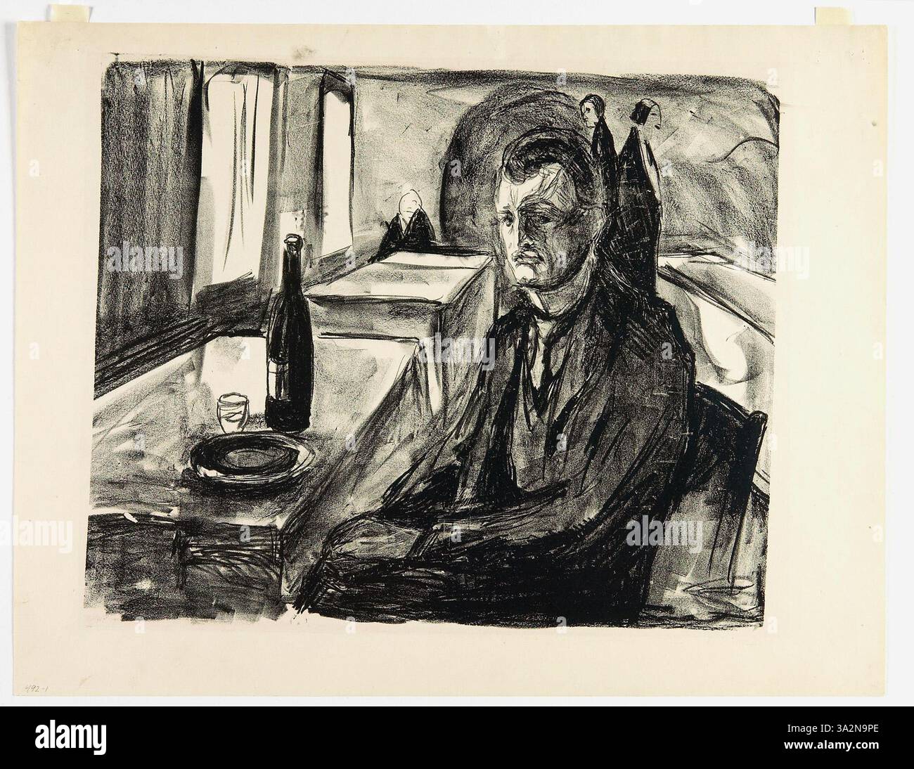 In this artwork, Munch portrays himself with a bottle of wine ...