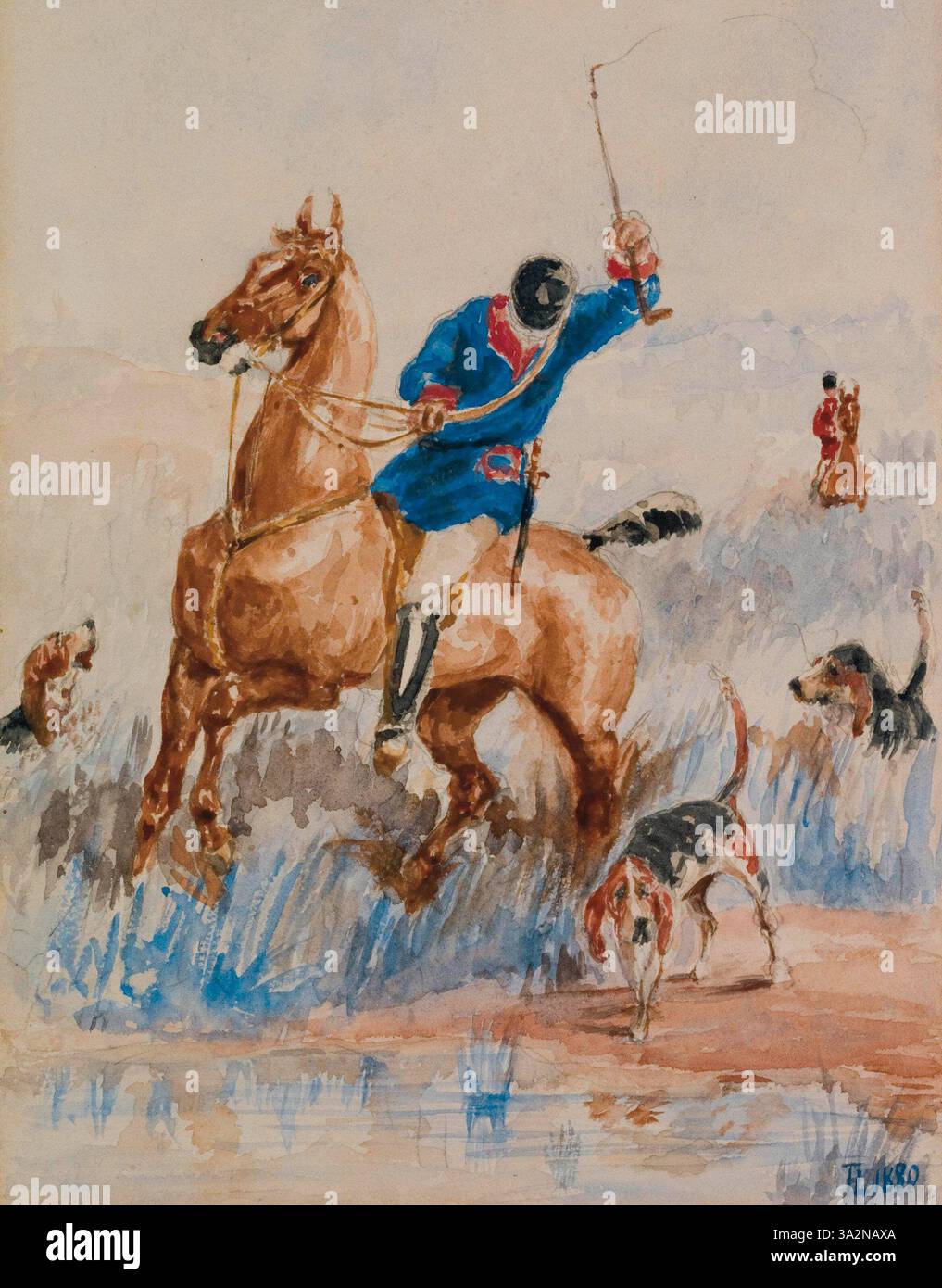 This artwork depicts a hunting scene featuring a huntsman and his dogs ...