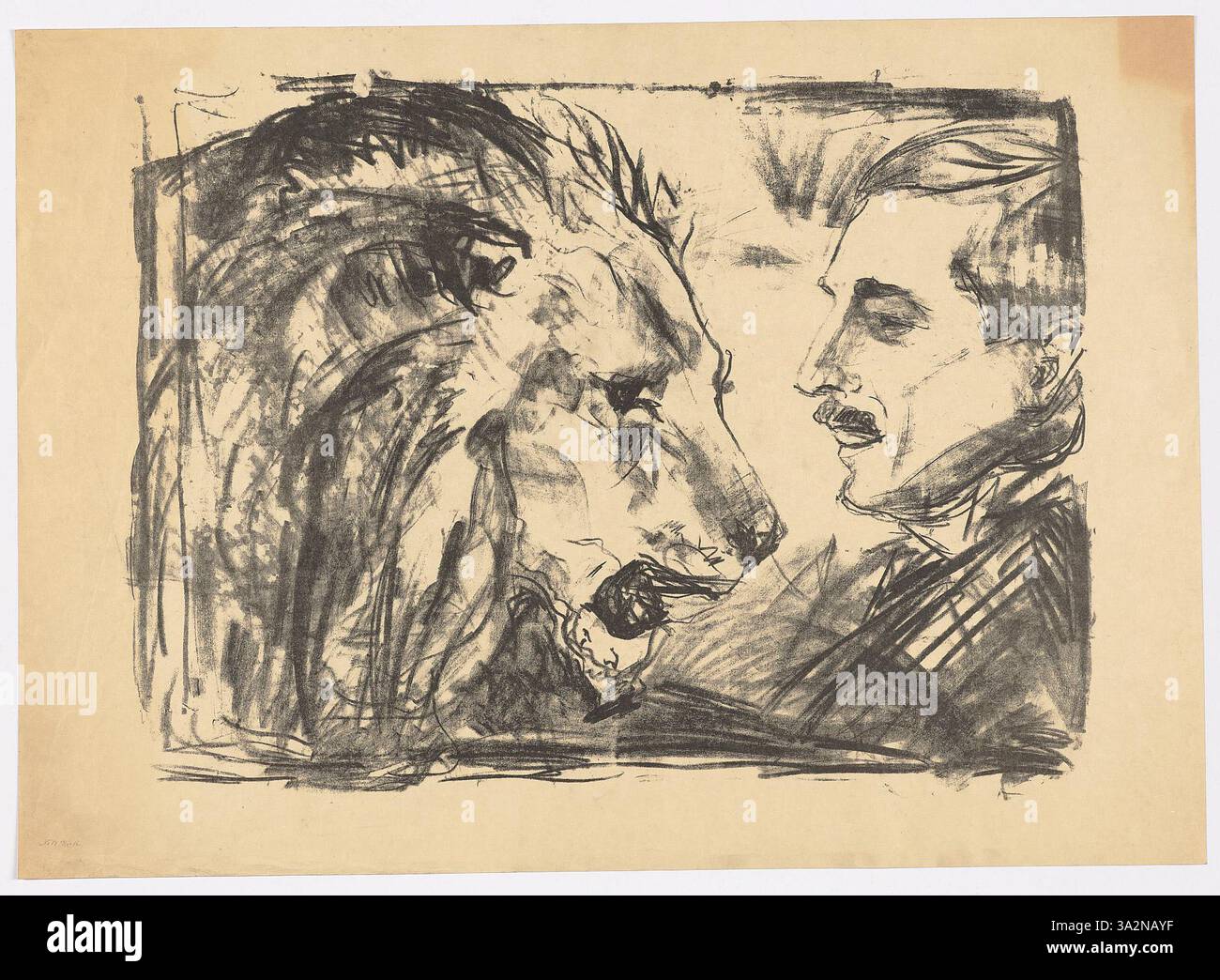 This artwork depicts a moment of tense interaction between the lion ...