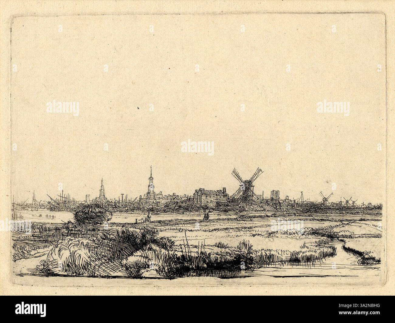 A striking etching by Rembrandt, this work emphasizes a figure’s emotional depth through ...