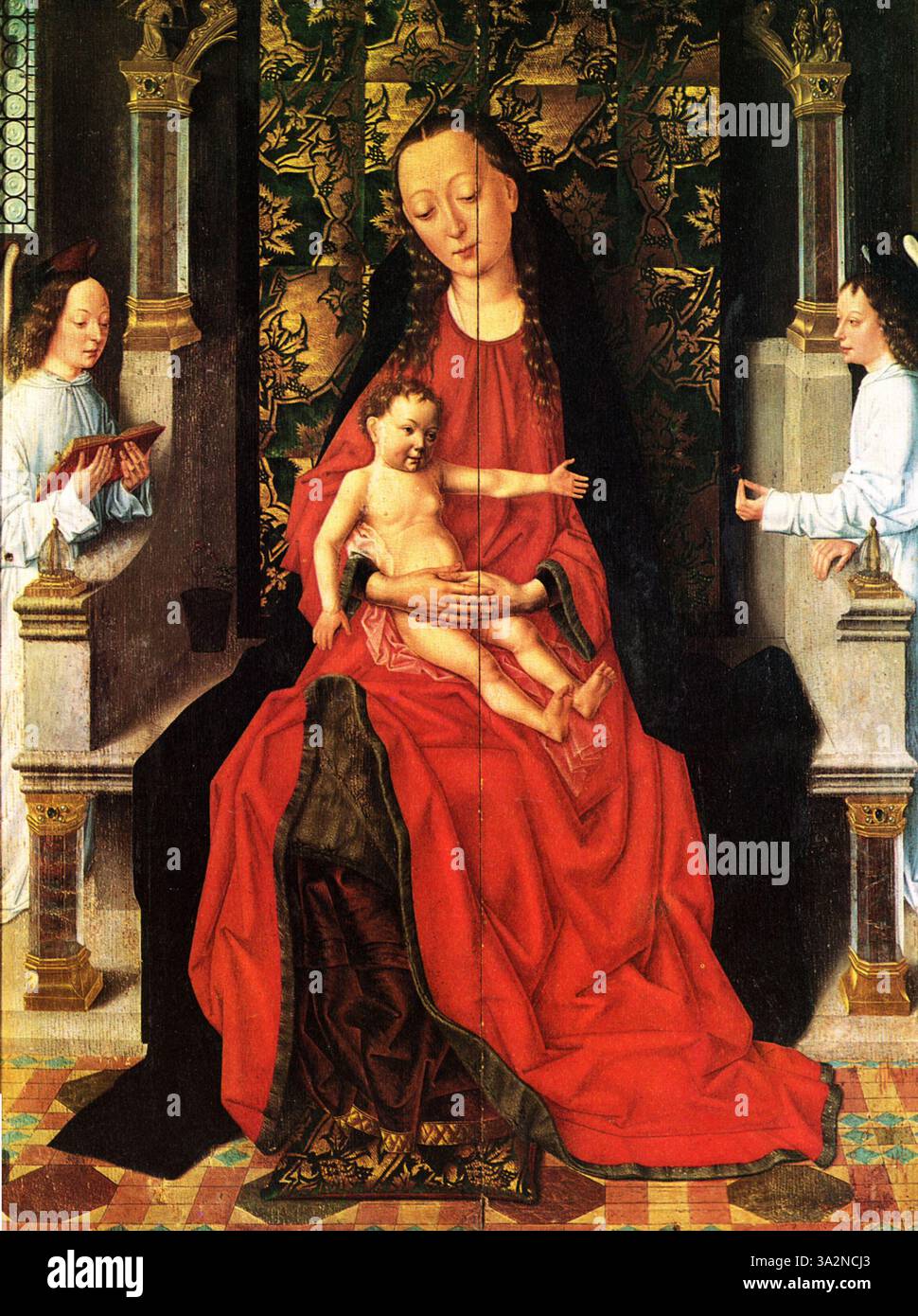 In this painting, the Virgin Mary is shown seated in a chamber with ...