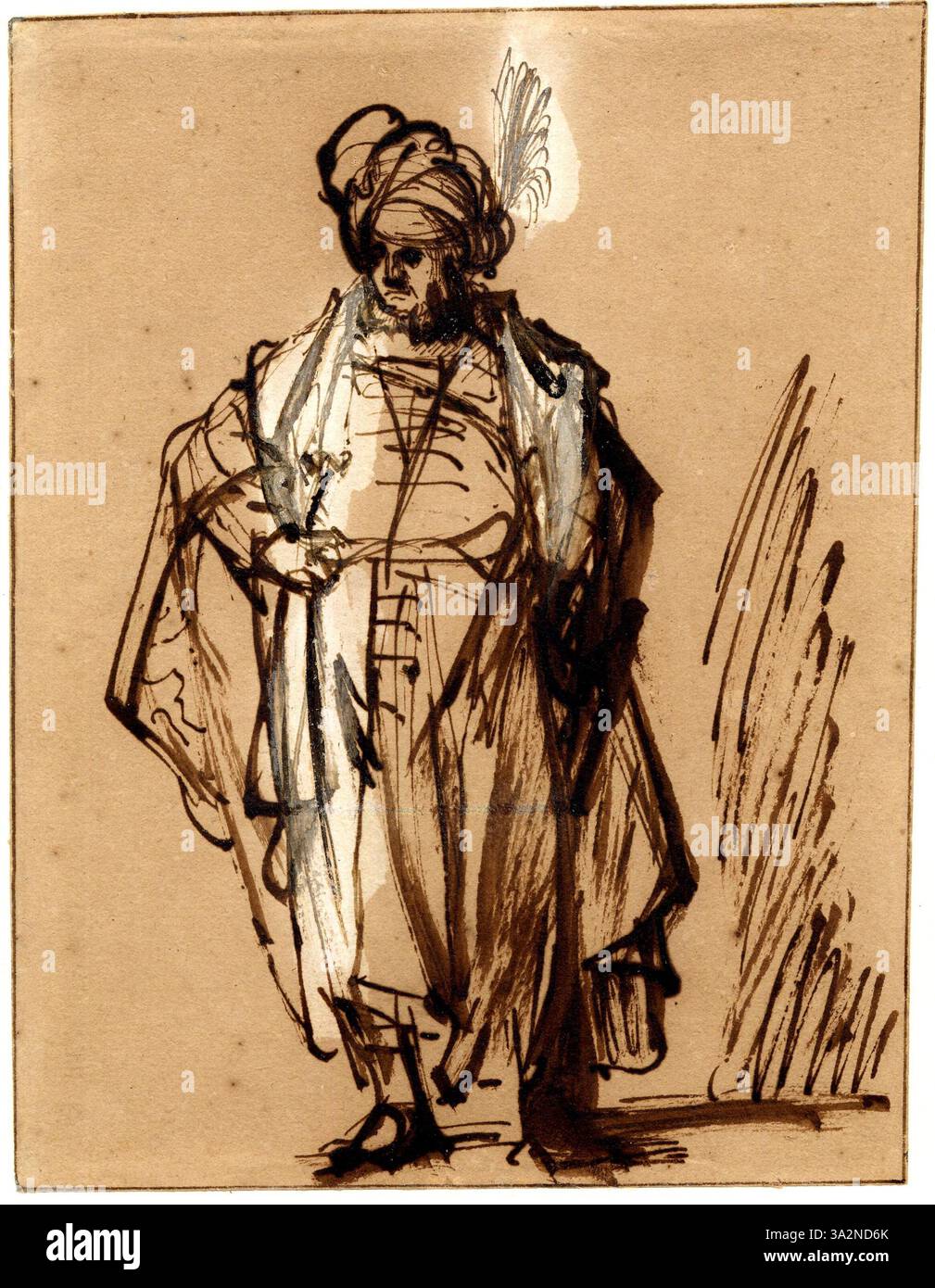 This etching shows a full-length figure of a man standing, with careful ...