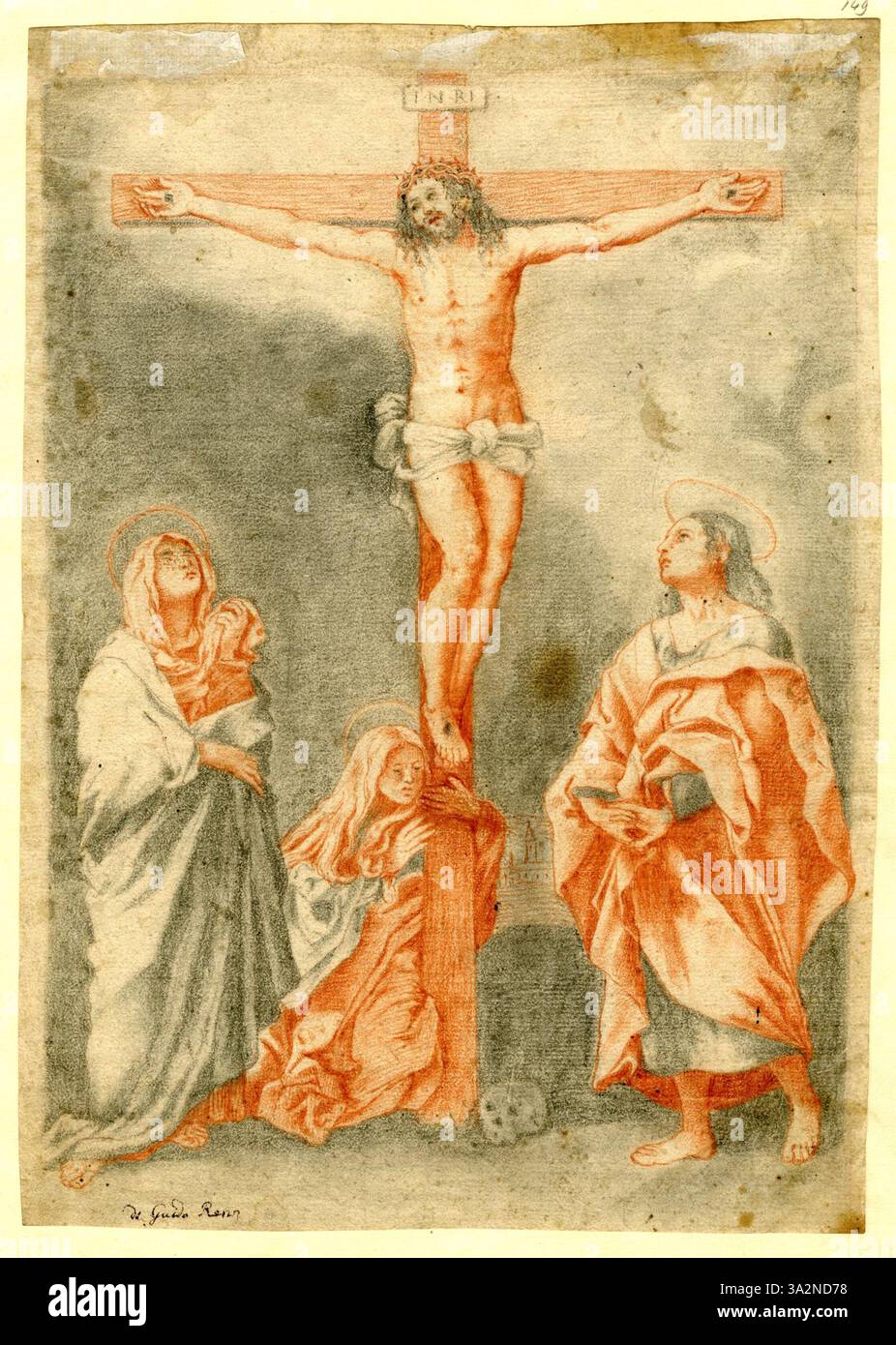 This depiction of the Crucifixion shows Christ on the cross, capturing the somber and dramatic ...