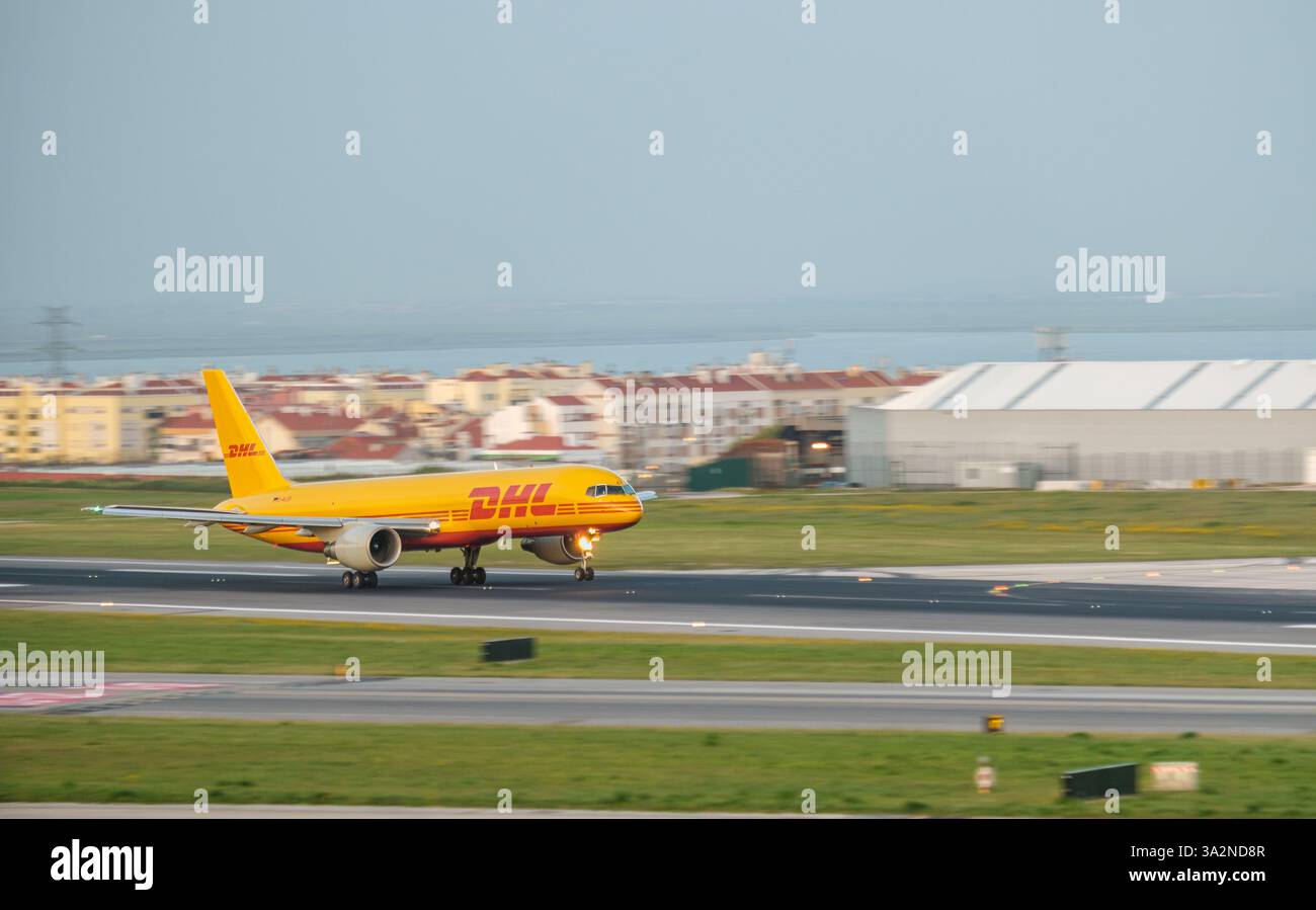 Lisbon, Portugal - Apr 3, 2024: Panning shot of DHL cargo airplane ...