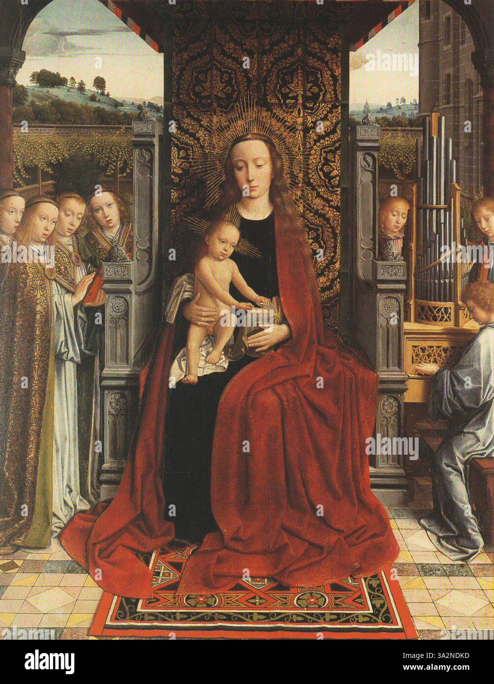 This painting shows the Virgin Mary and the Christ Child, seated on a ...